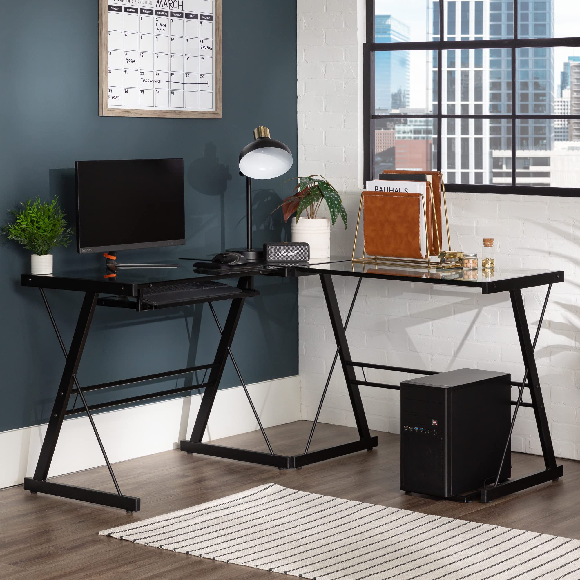 Snapklik.com : Walker Edison Ellis Contemporary Glass Top L Shaped ...