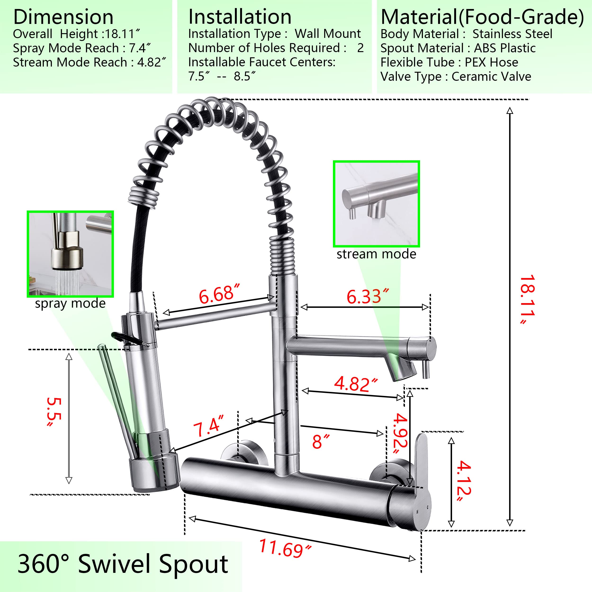 FLWUEUE Wall Mount Faucet 8 Inches Center, with Dual Sprayers, Pull ...
