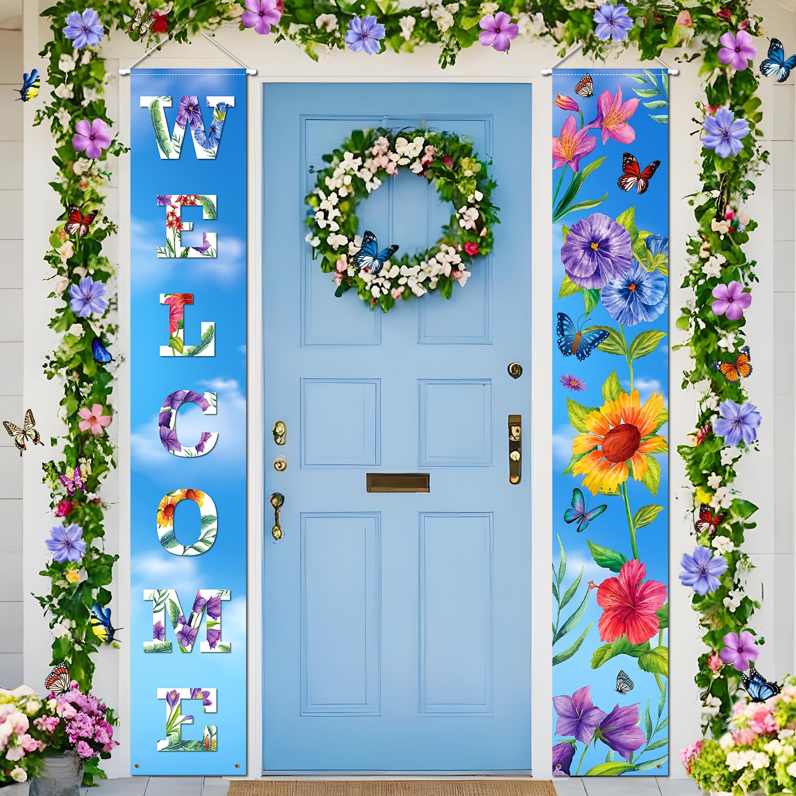 Amazon.com: Welcome Summer Door Banner Decorations Butterfly Flower ...
