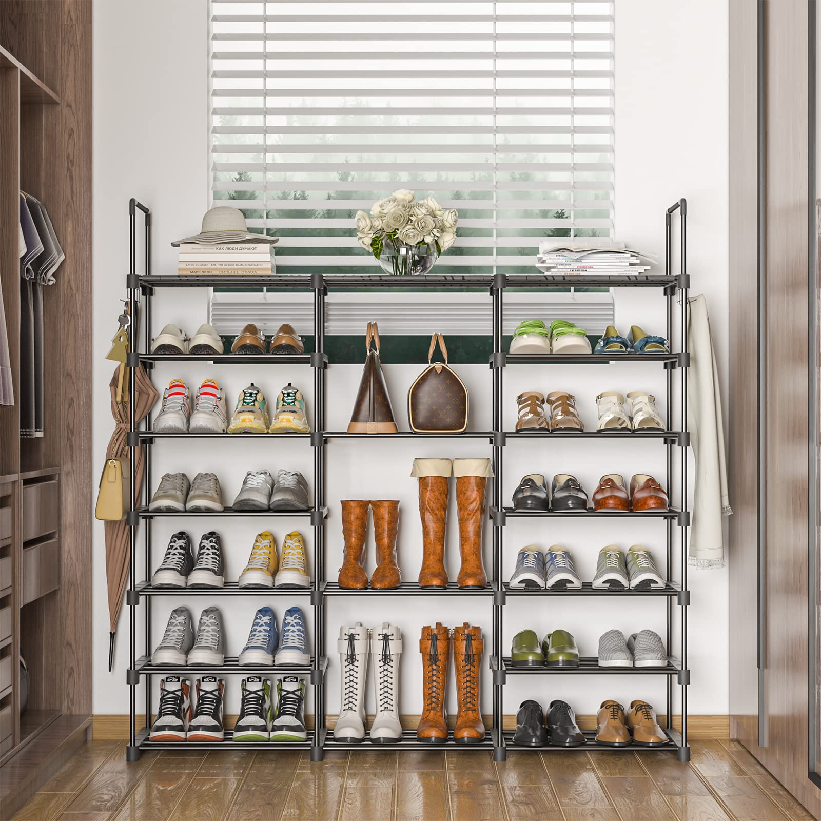 GIMTRR 7 Tires Tall Shoe Rack, Metal Shoe Rack with 3 Rows Versatile ...