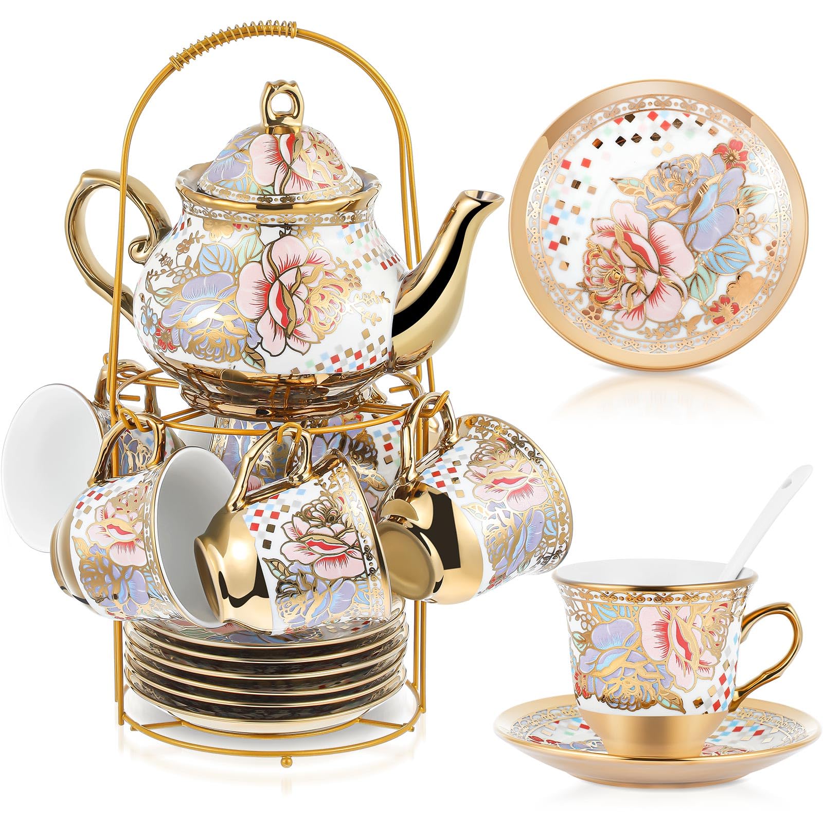 Amazon.com | Zhehao 20 Pcs Porcelain Tea Set with Metal Holder Adult ...