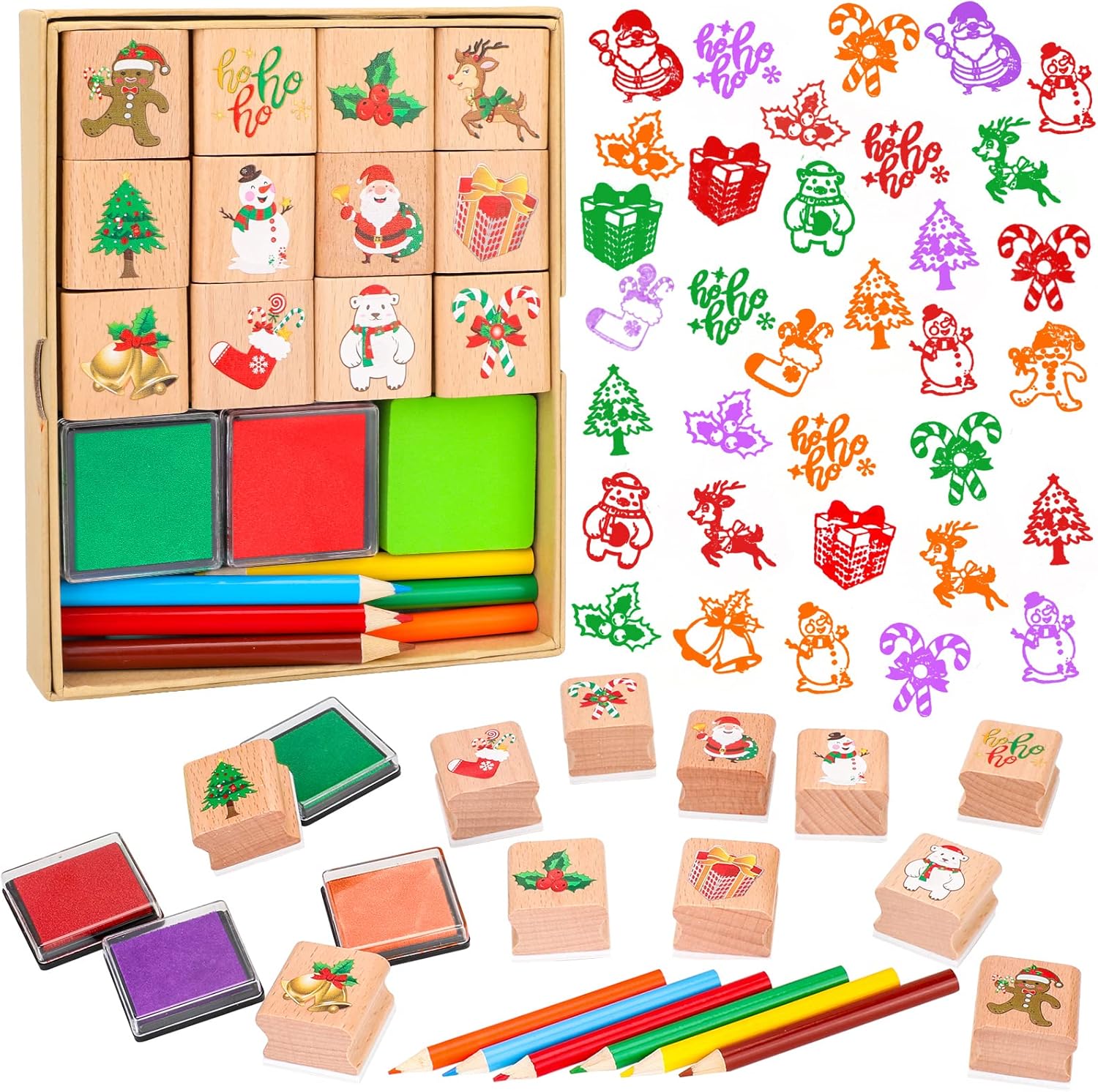 Amazon.com: Zayvor Christmas Stamps Set, Wooden Rubber Stamp with Ink ...