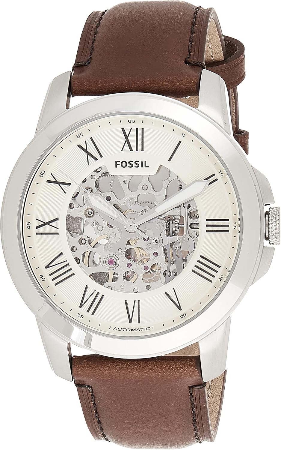 Fossil Men's White Dial Leather Band Automatic Analog Watch, Silver ...