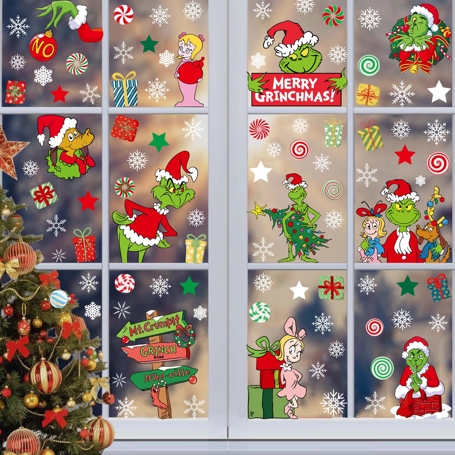 ALINK Christmas Window Clings 9 Sheets Grinch Christmas Window Stickers ...