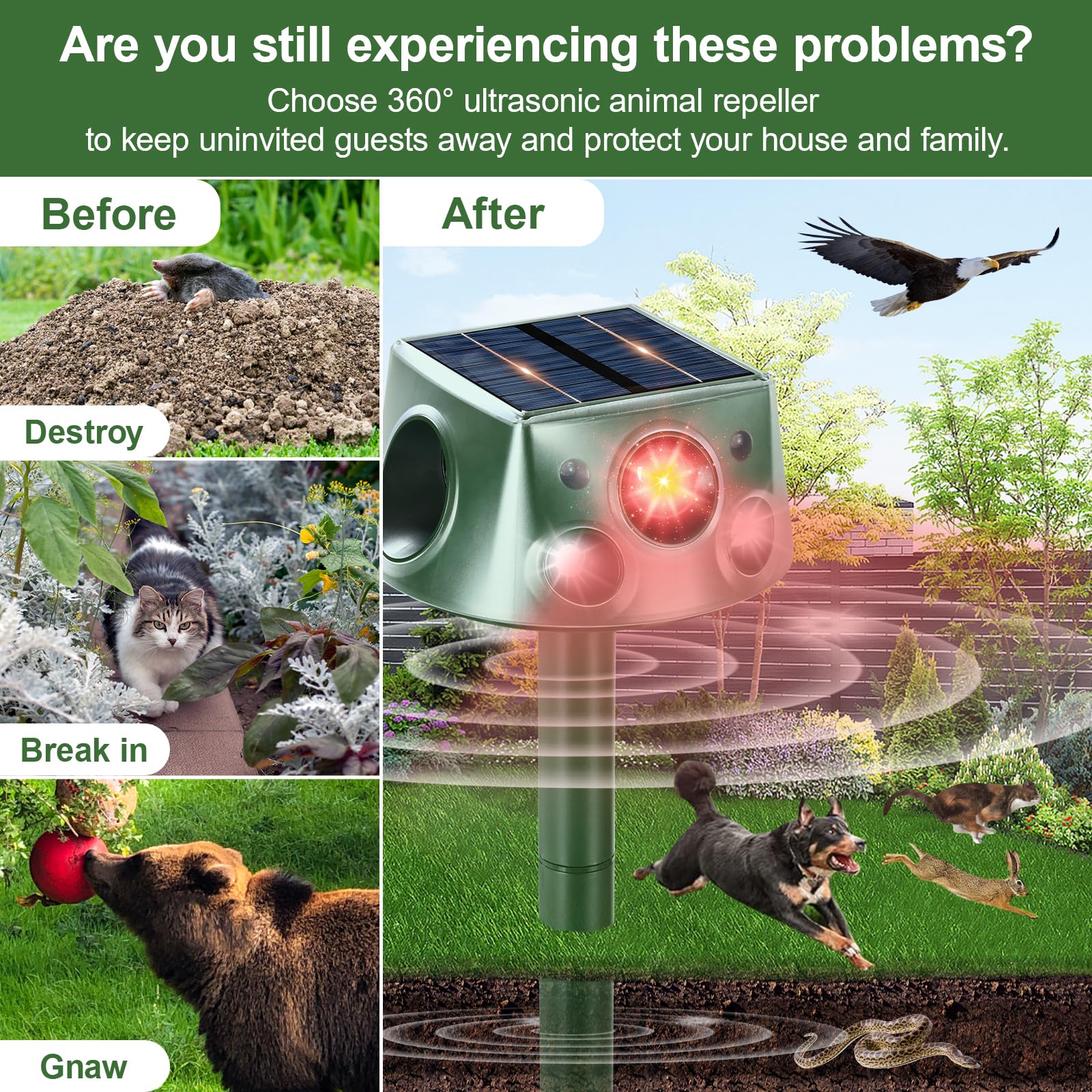 FRAMICS Solar Animal Repeller 360° Ultrasonic Animal Repellent Outdoor ...