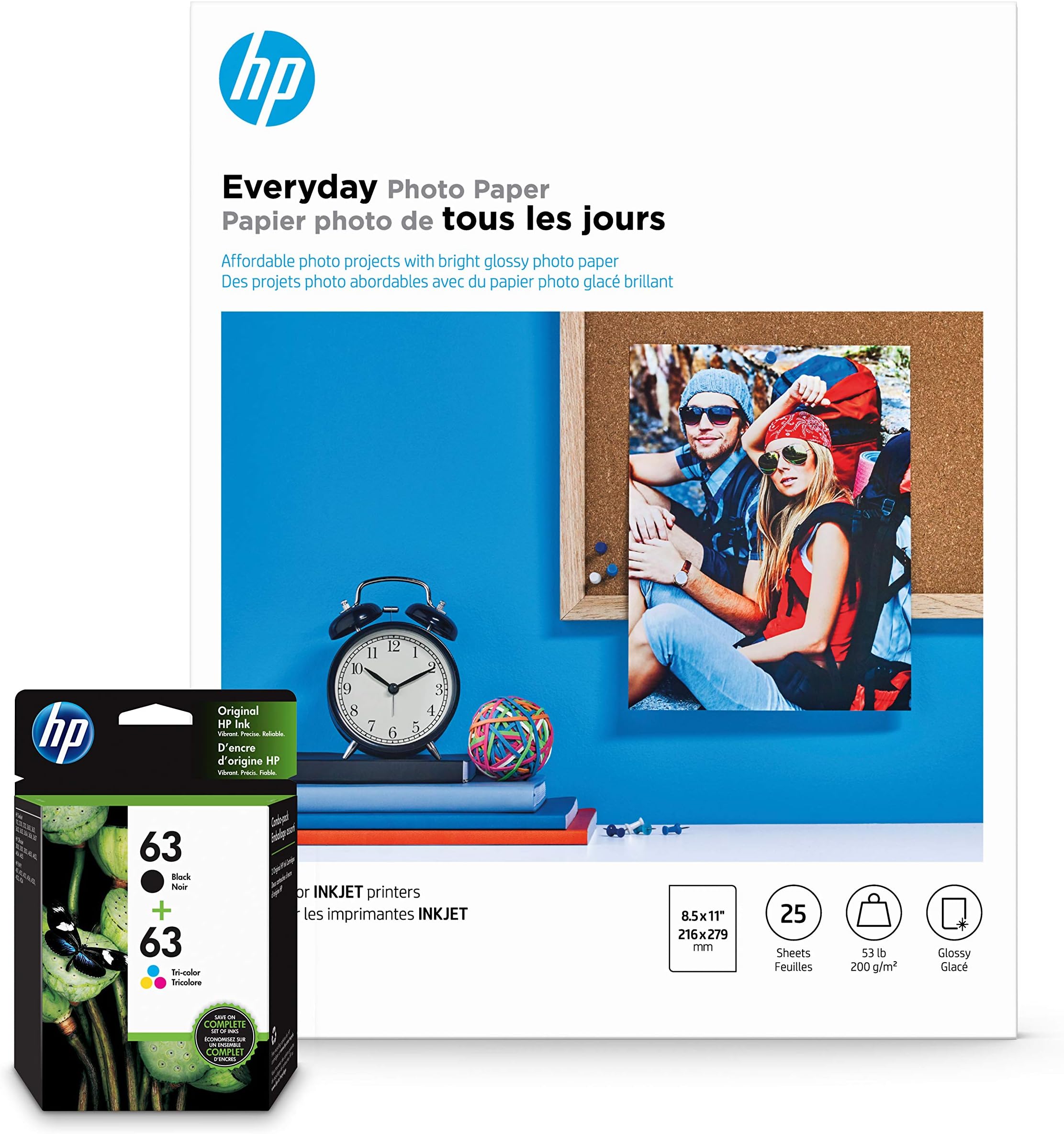 Amazon.com: HP 63 Black & Tri-Color Inks + HP Everyday Photo Paper ...