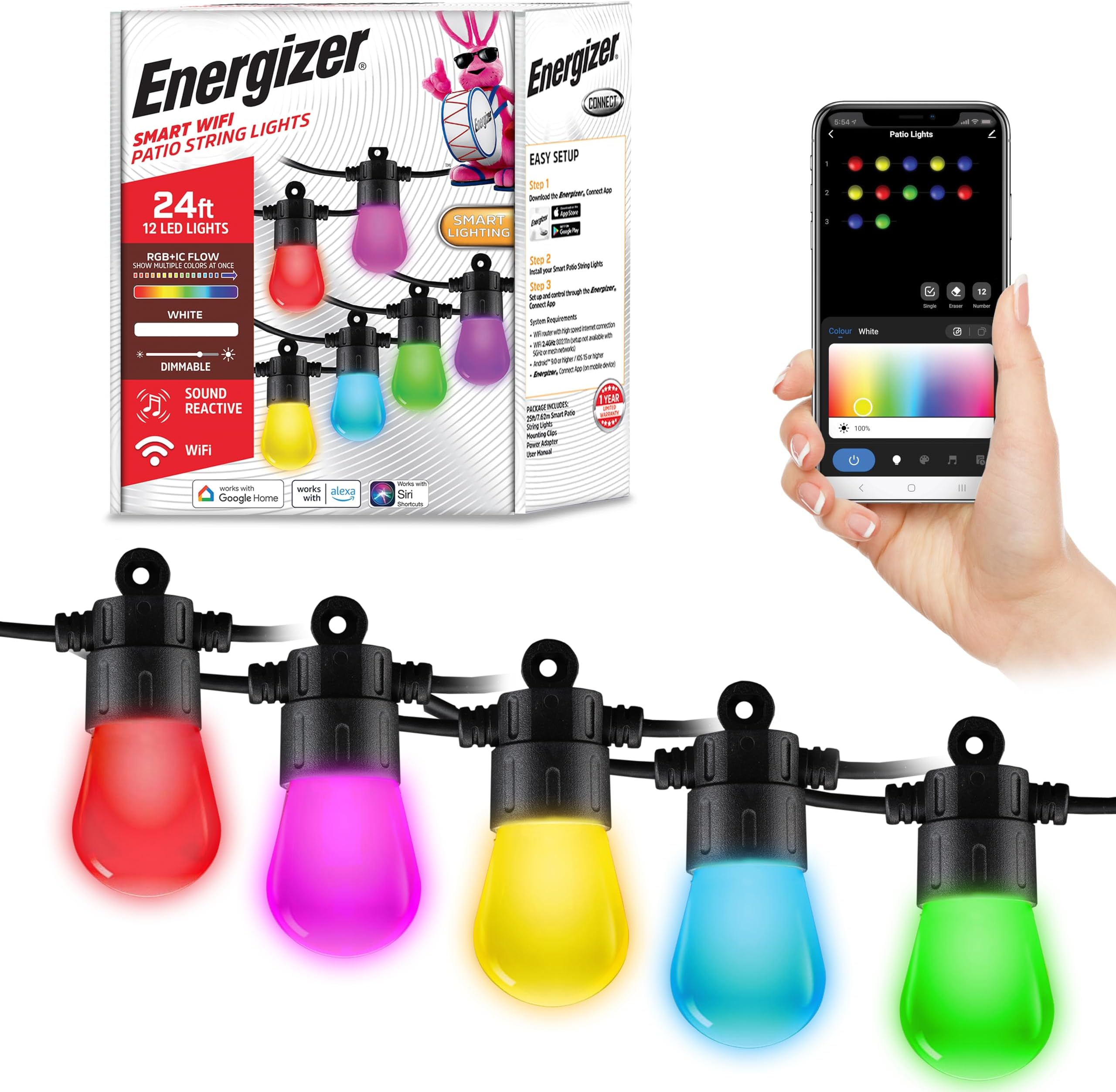 Energizer Smart RGBW+IC Outdoor String Lights, 24ft, 12 Multi-Color ...