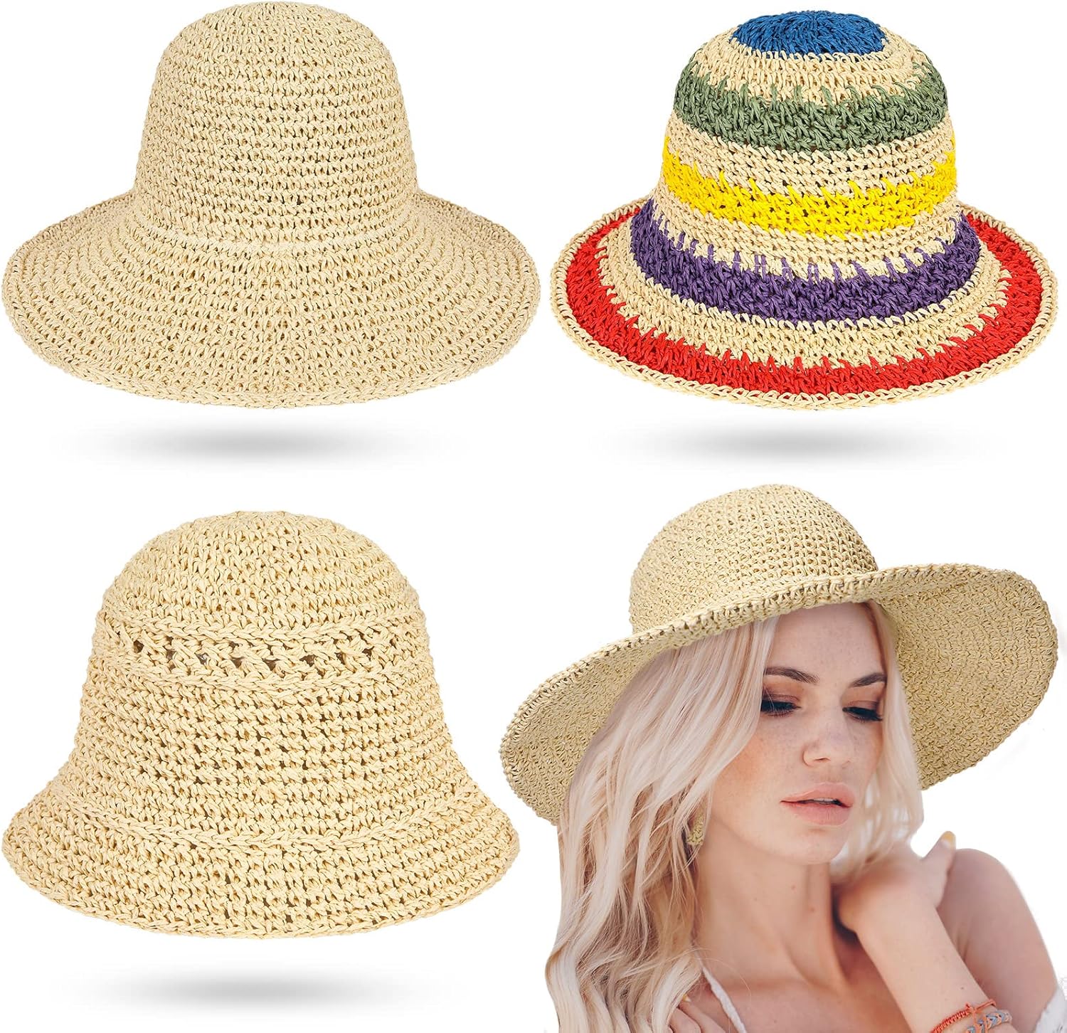 3 Pcs Foldable Straw Hats Outdoor Sun Visor Hat Crochet Hat Handmade ...