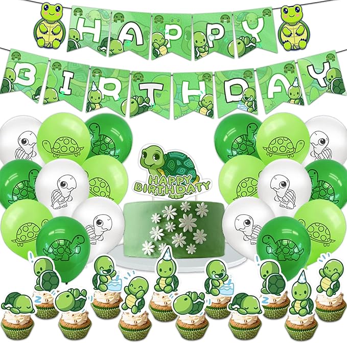 Amazon.com: Turtle Baby Party Supplies Set with Happy Birthday Banner ...