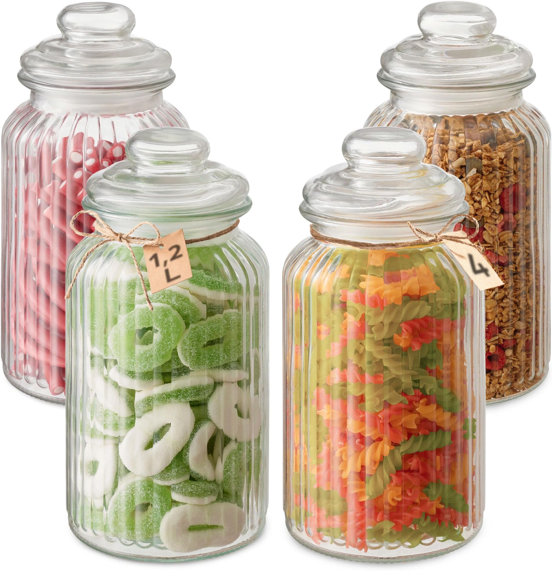 Praknu Sweet Candy Jars - Large 1.2L - Airtight - 4 Vintage Glass Candy ...