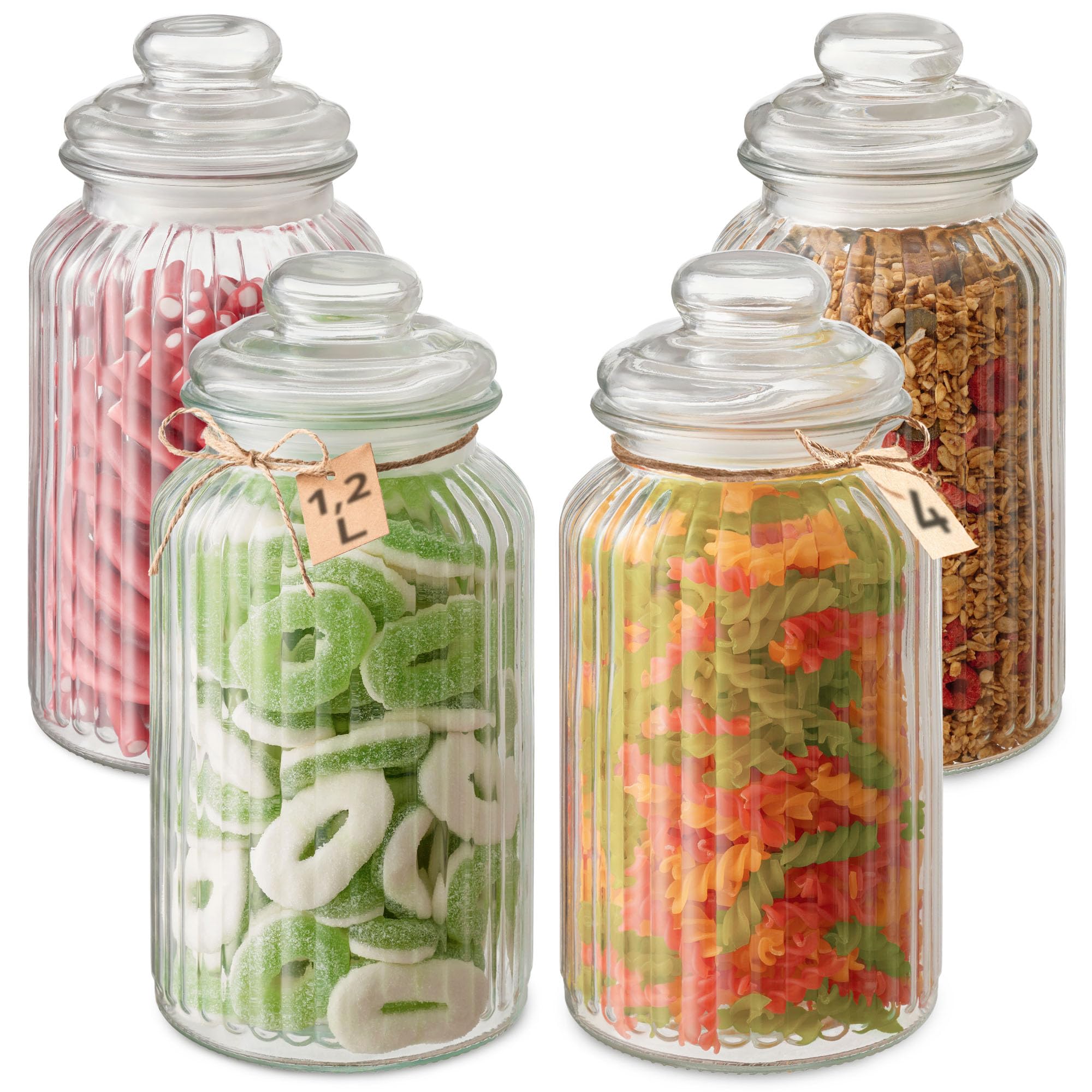 Praknu Sweet Candy Jars - Large 1.2L - Airtight - 4 Vintage Glass Candy ...