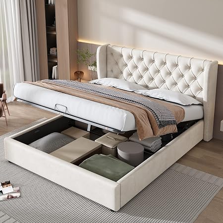 Kayan Storage Ottoman Bed with Hydraulic Lever, Upholstered Double Bed ...