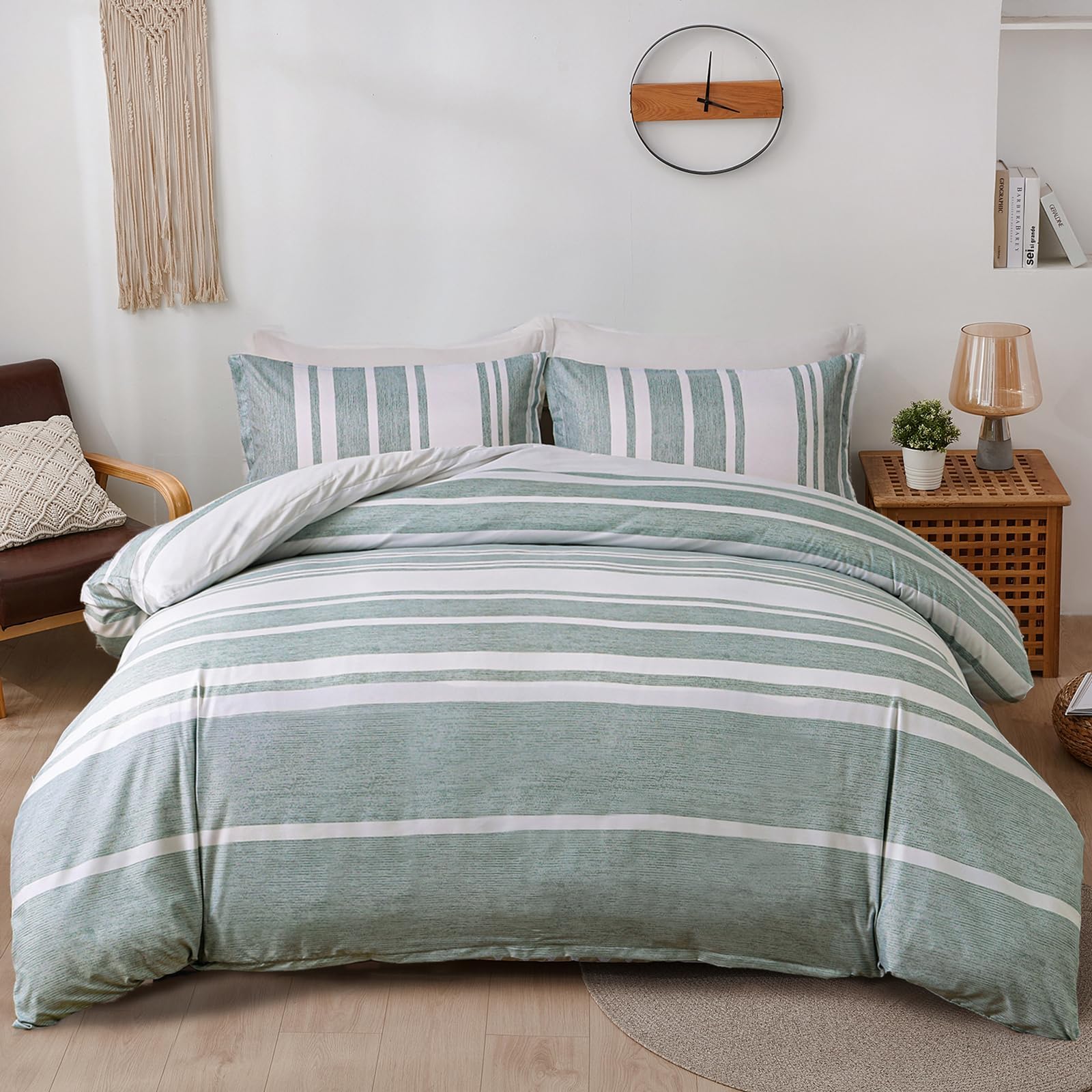 Fondream Green Stripe Duvet Cover Double Reversible Bedding Set Soft ...