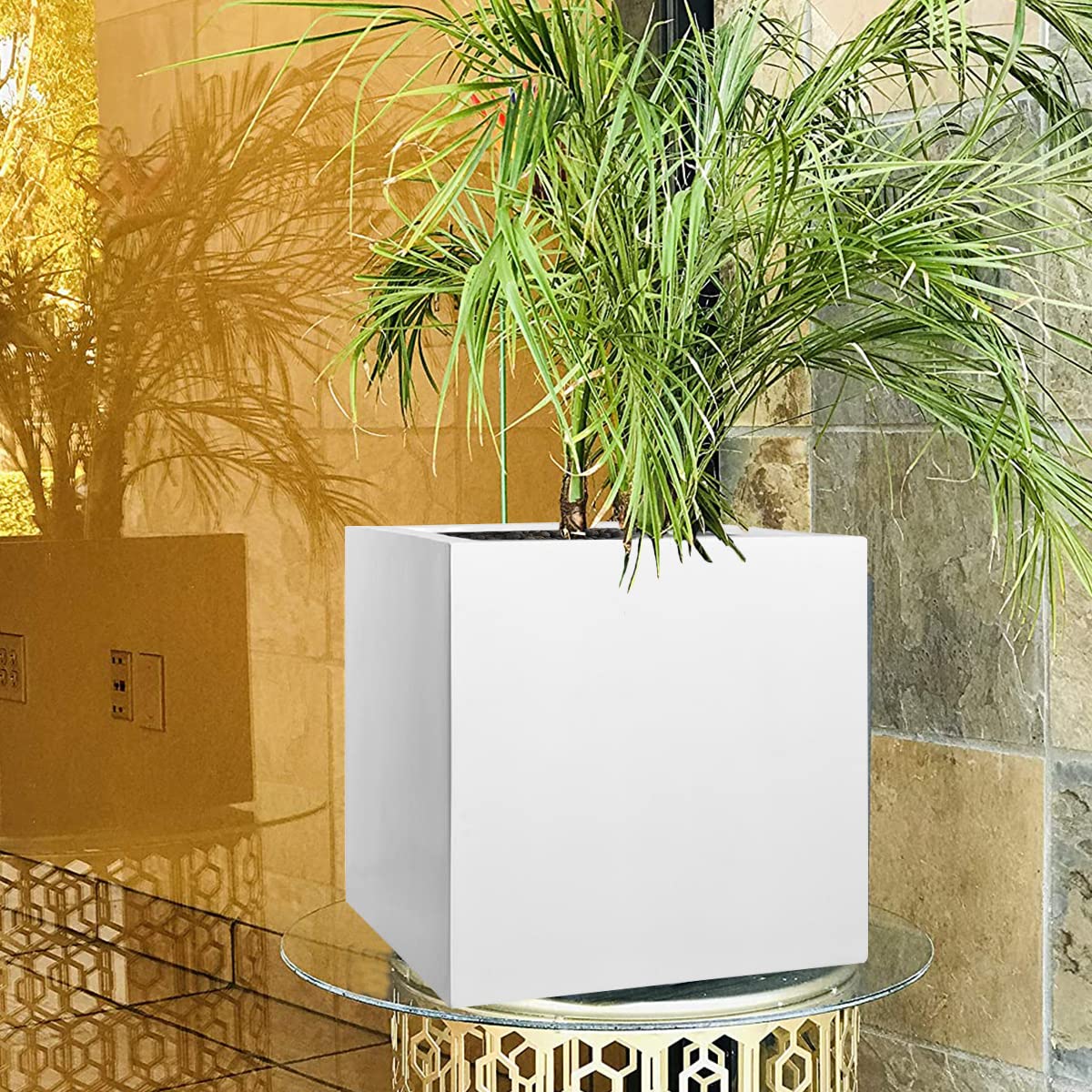 Elegant Modern White Glossy Square Indoor Outdoor Planter Pot – 12”H x ...