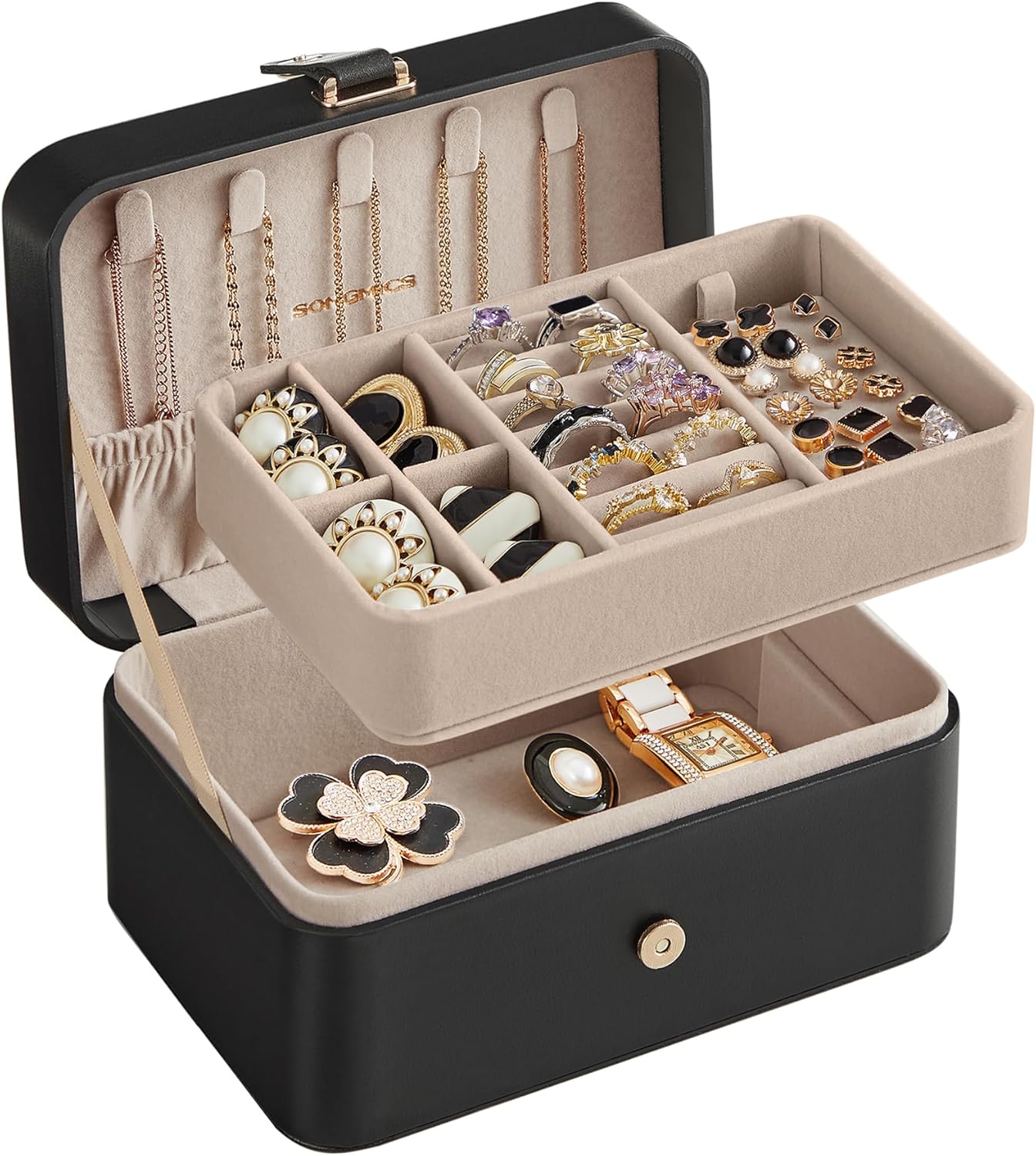 SONGMICS JBC166B01 Travel Jewellery Box Small 2 Tier Jewellery Storage ...