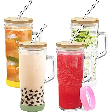 Amazon.com: Vesici 2 Pack Glass Cups with Bamboo Lids and Straw 24oz ...