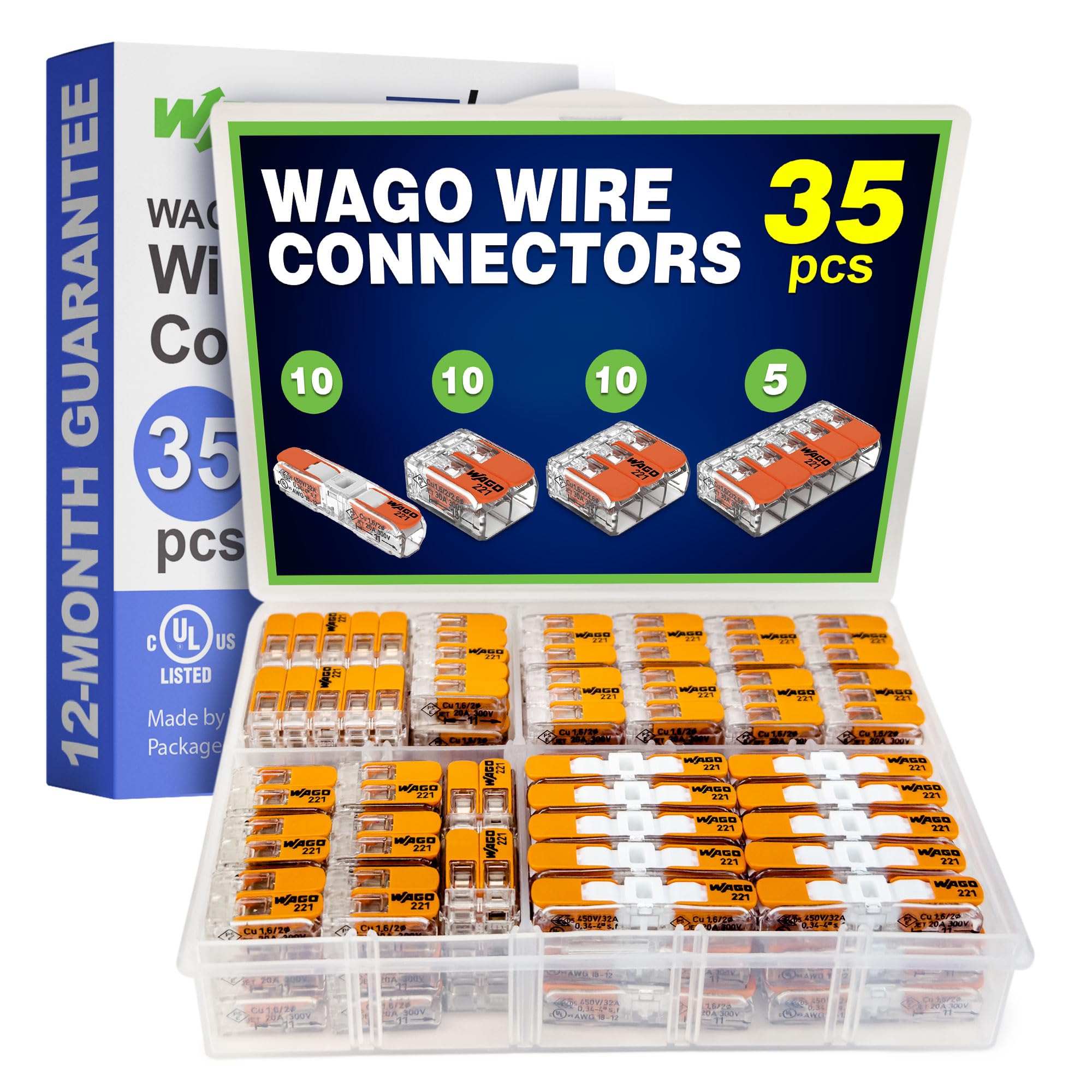 WAGO 221 Series 35pc Compact Splicing Wire Connectors | Includes (10x ...