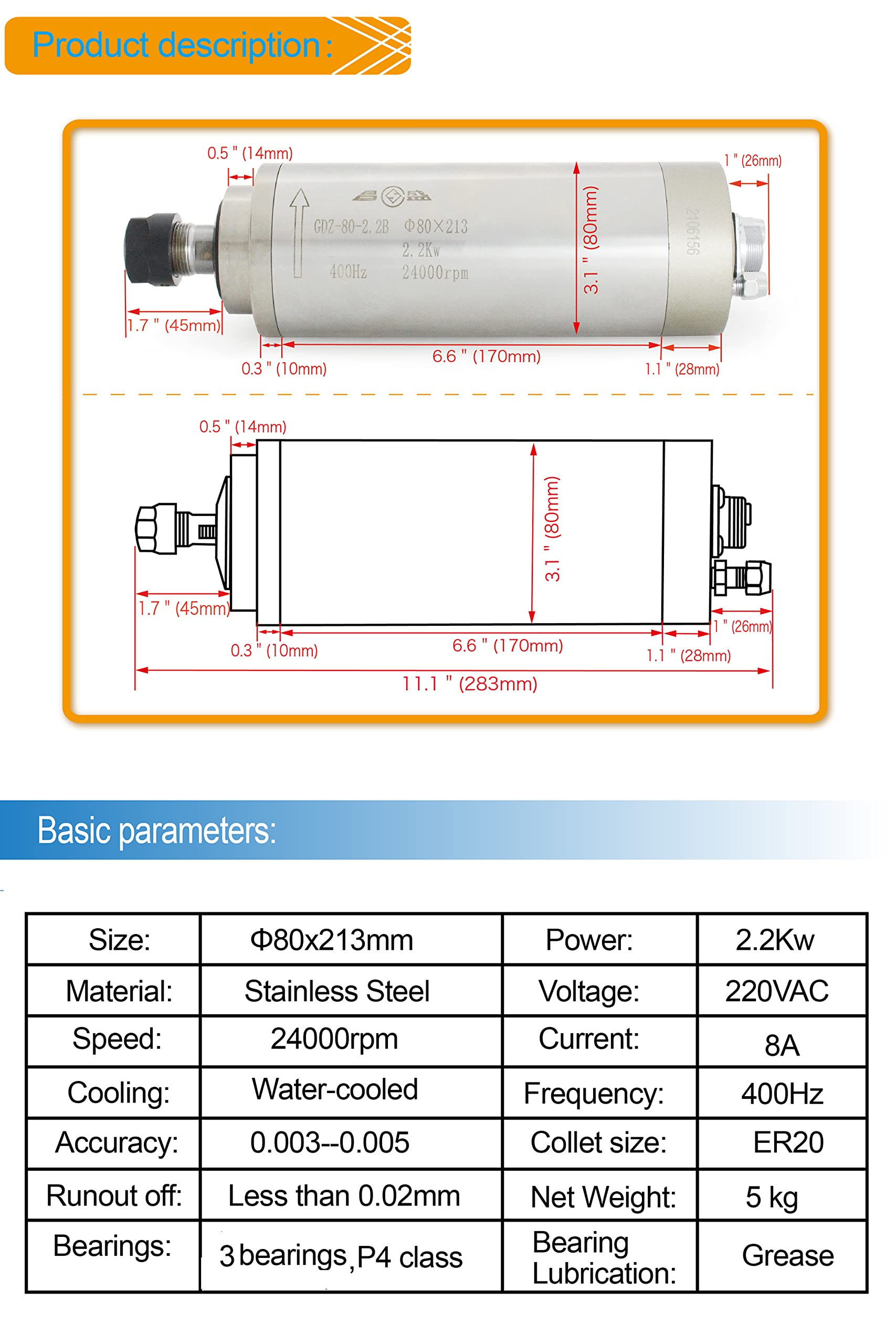 Snapklik.com : 2.2KW 220V Water Cooled ER20 Spindle Motor 80MM 24000RPM ...
