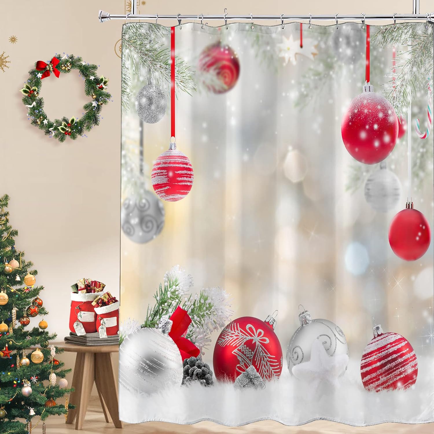 BIVINAR Christmas Shower Curtain Set, White Red Xmas Balls Pine Tree ...