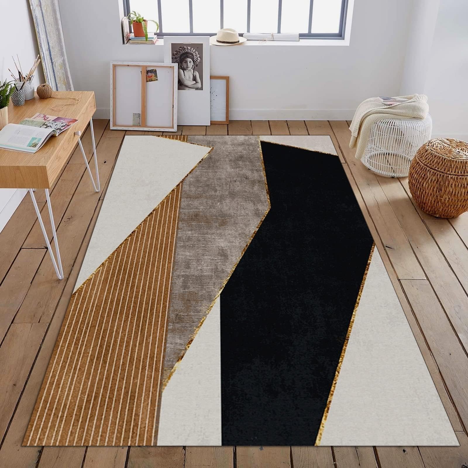 Amazon.com: RAALON Modern Geometric Brown Gold Stripes Area Rugs ...