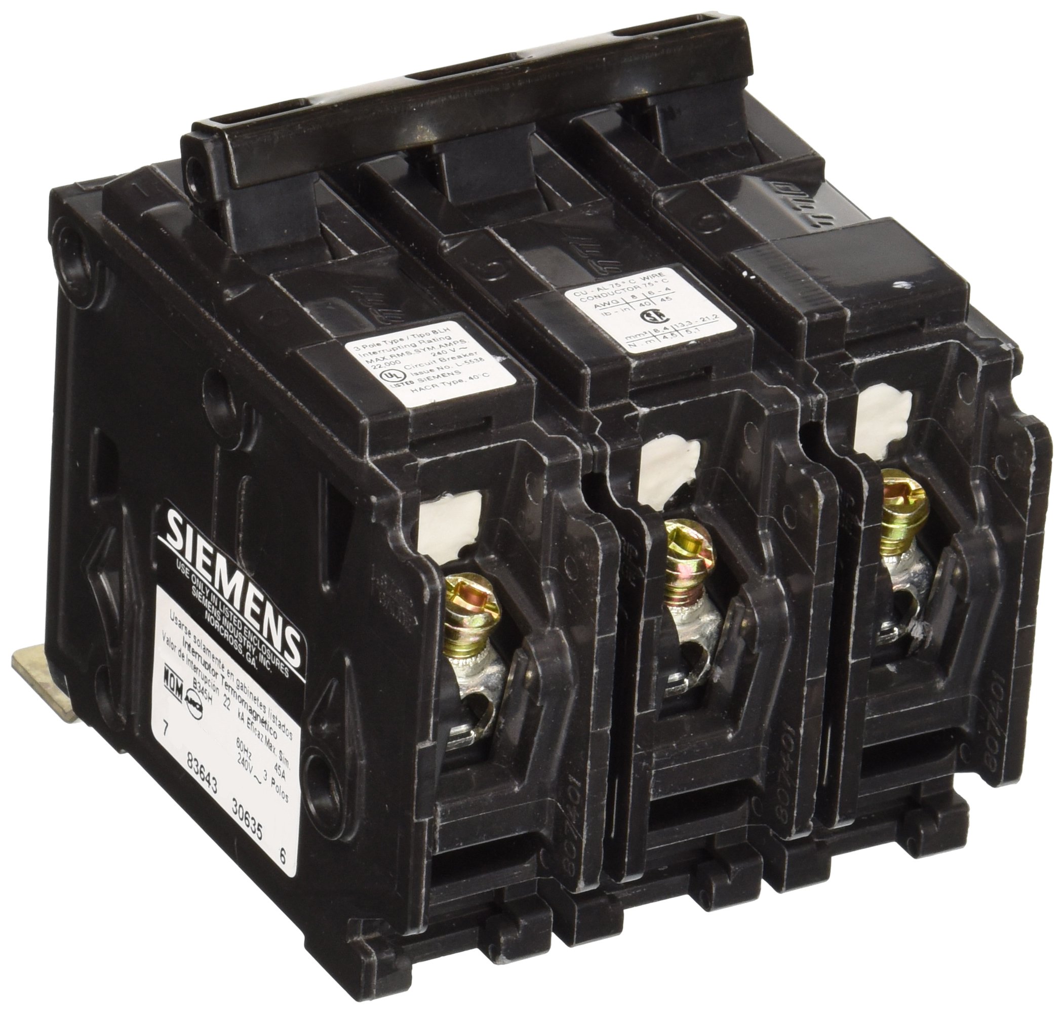Siemens B345H 45-Amp Three Pole 240-Volt 22KAIC Bolt in Breaker ...