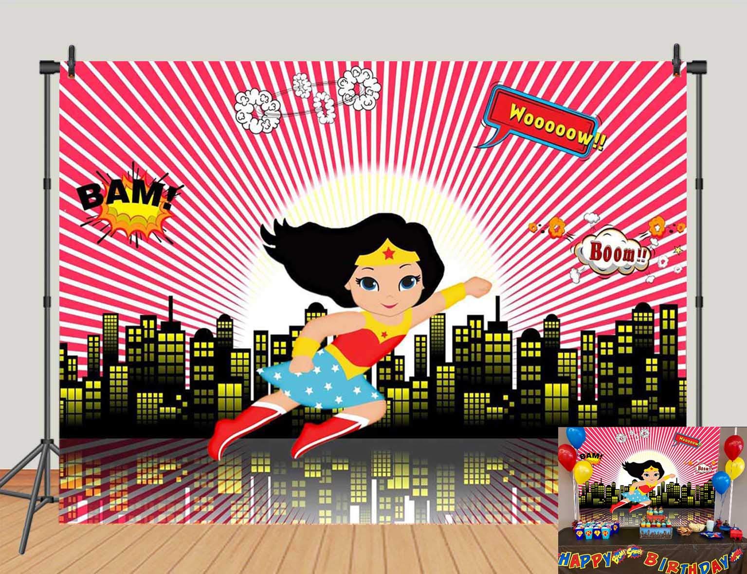Buy 5x3ft Supergirl Wonder Woman Superhero Backdrops Building Super ...