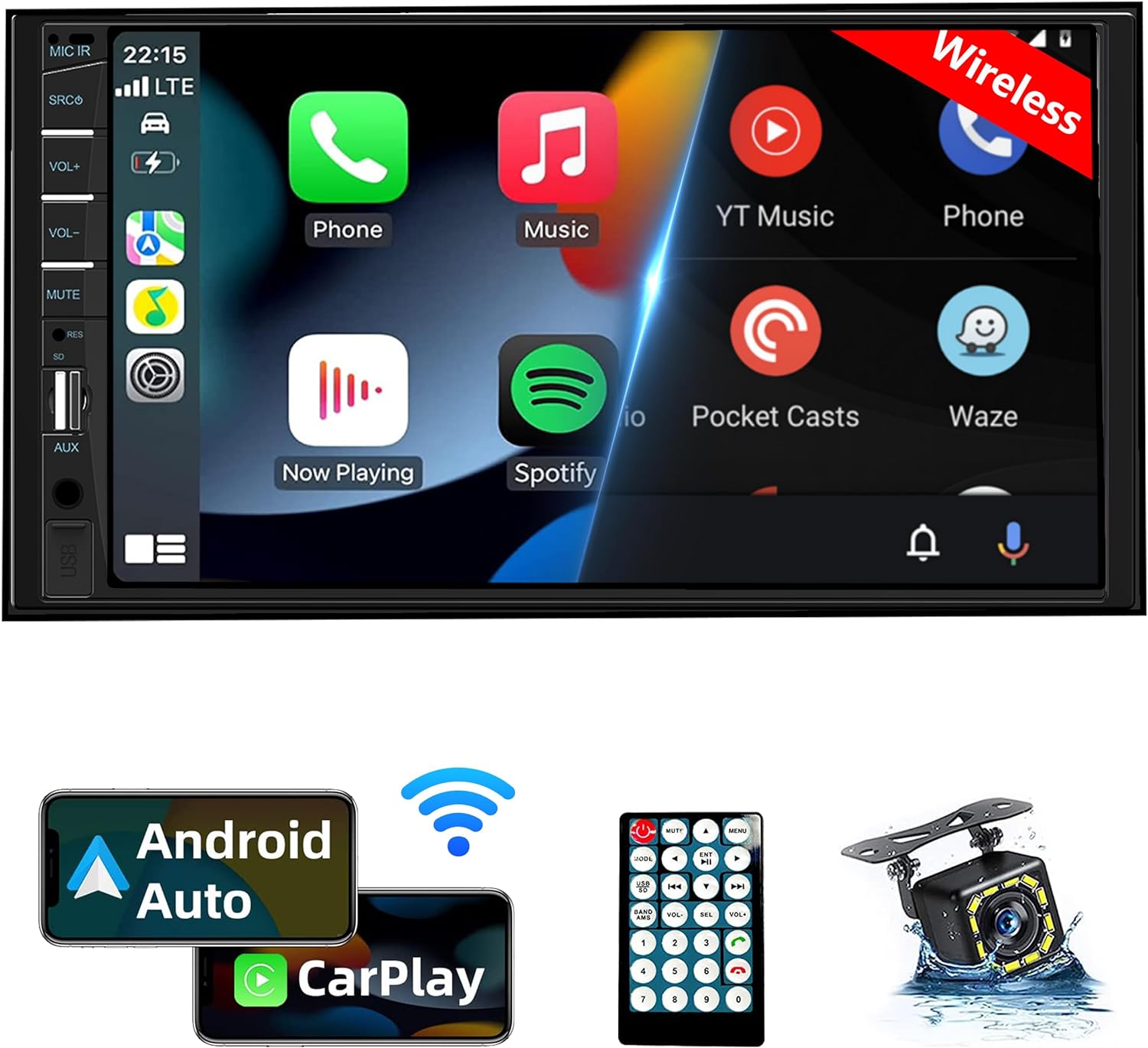 Naifay Double Din Car Stereo with Wireless Apple Carplay Android Auto ...