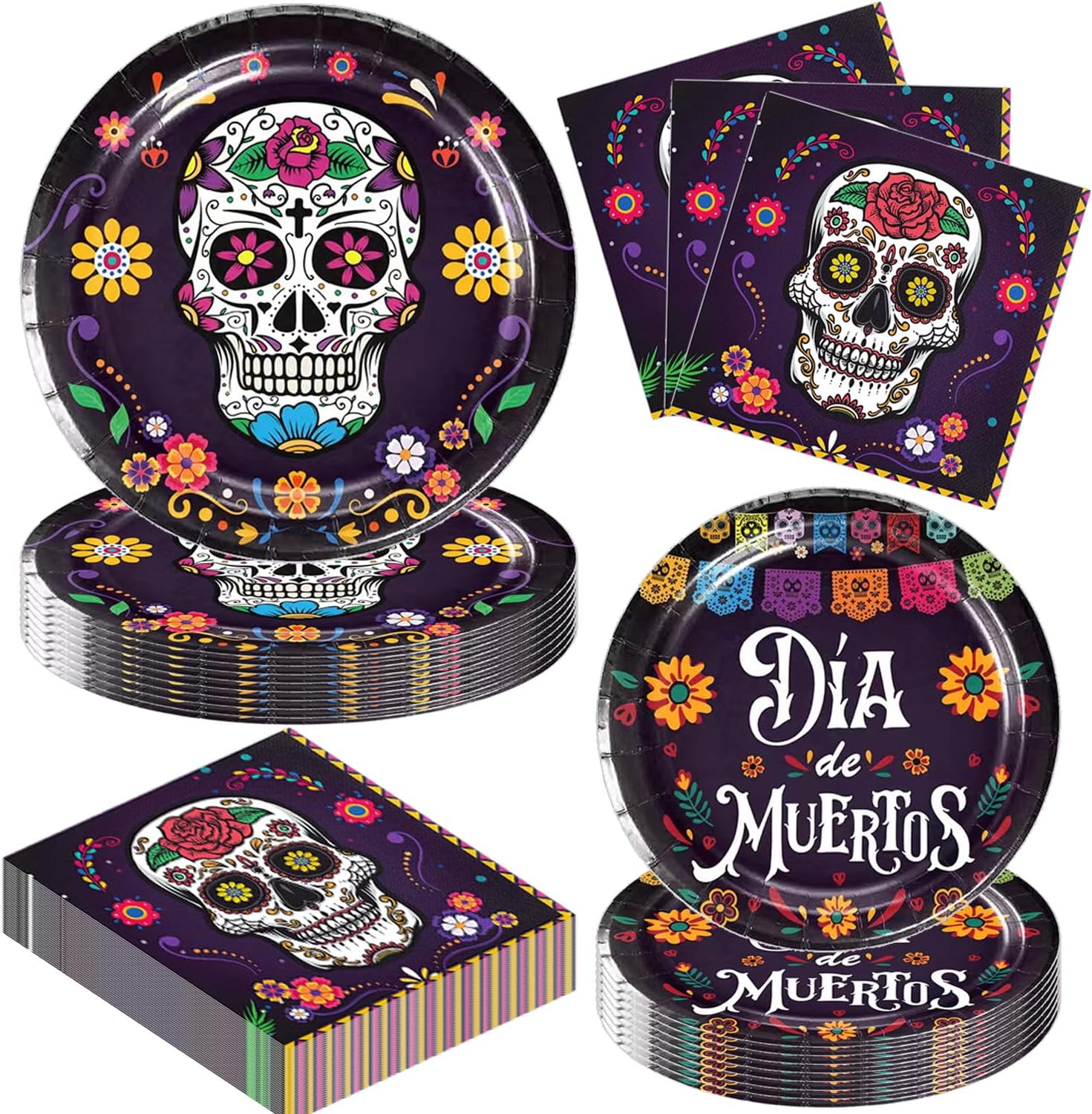 64 PCS Day of the Dead Party Tableware Set Includes 20 9" Paper Dinner ...