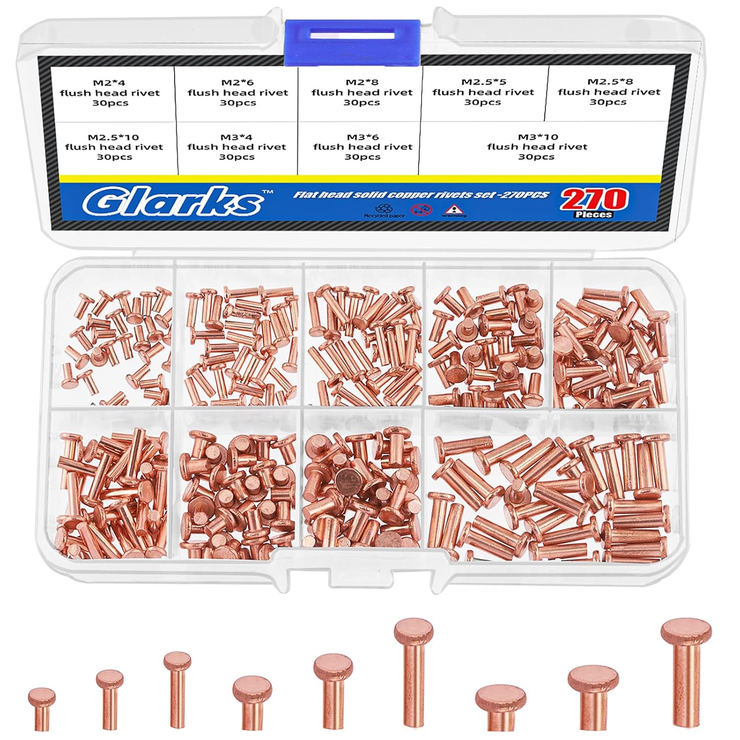 Amazon.com: Glarks 270Pcs M2 M2.5 M3 Flat Head Solid Rivets, 9 Size ...