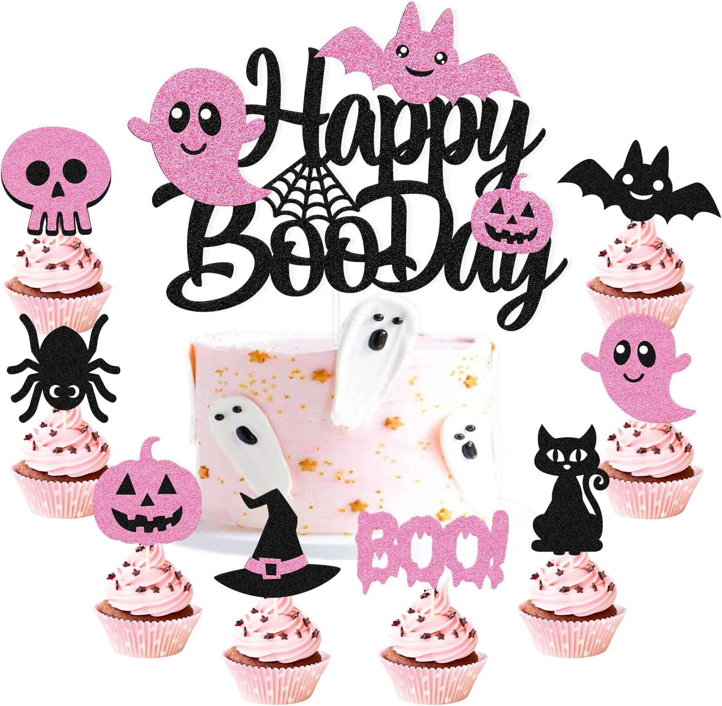 Amazon.com: Happy Boo Day Cake Decoration Halloween Cupcake Topper Pink ...