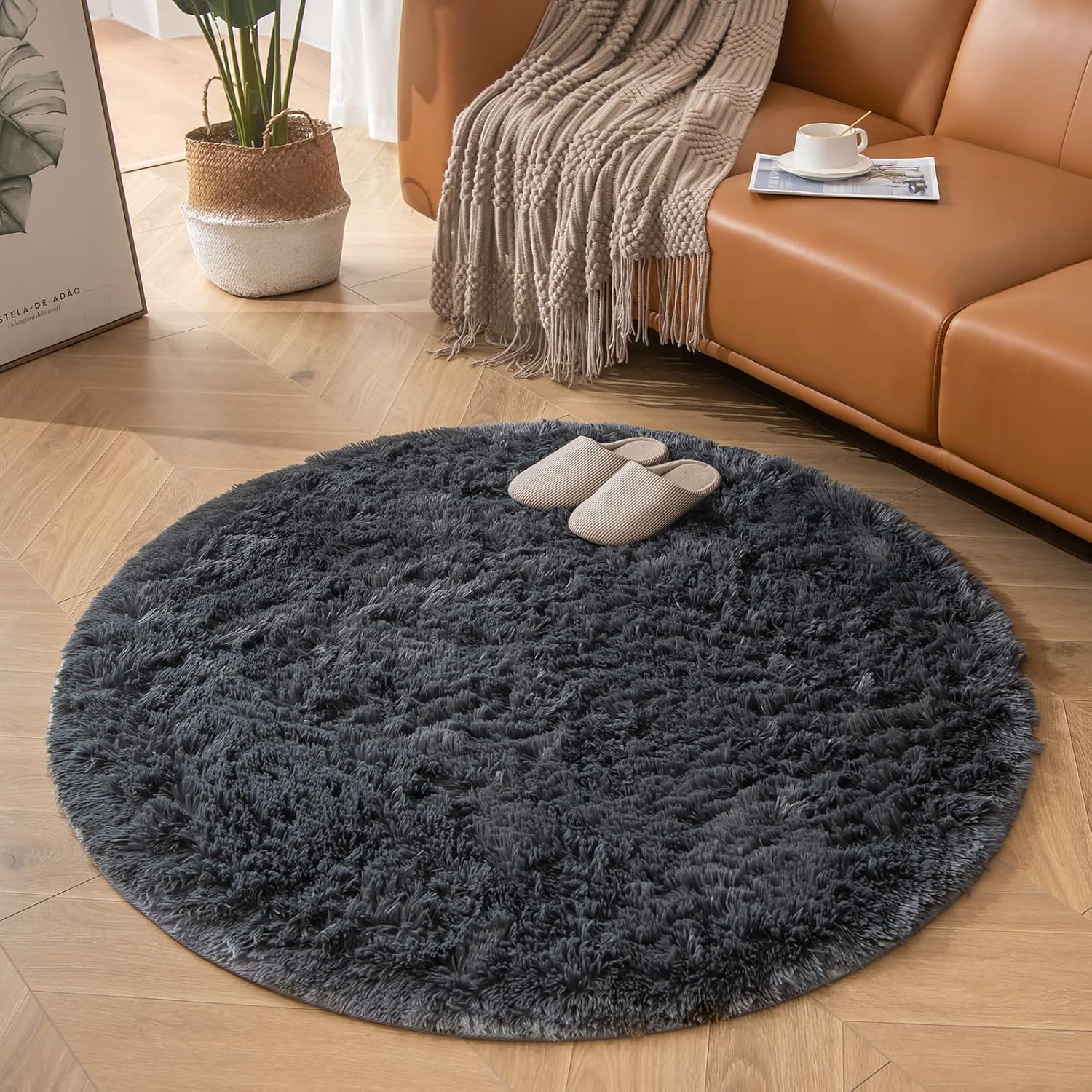CHOSHOME Round Rug - Grey Fluffy Bedroom & Living Room Decor - 120CM ...