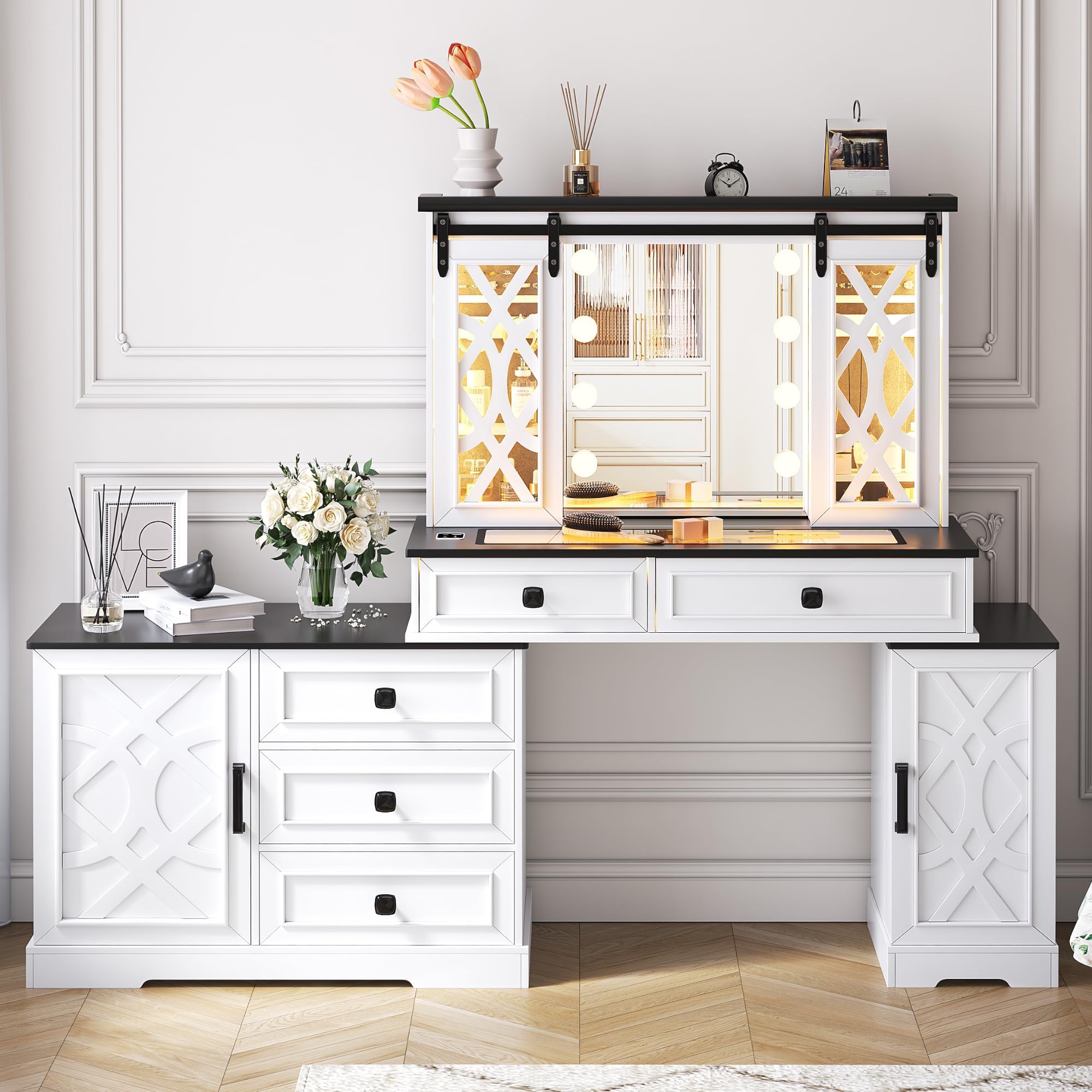 Amazon.com: FREDEES Large Vanity Desk with Mirror and Lights, Farmhouse ...