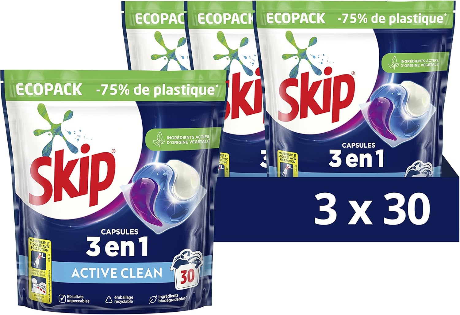 Skip Lessives Capsules Active Clean 3en1 x90, Soin des fibres ...