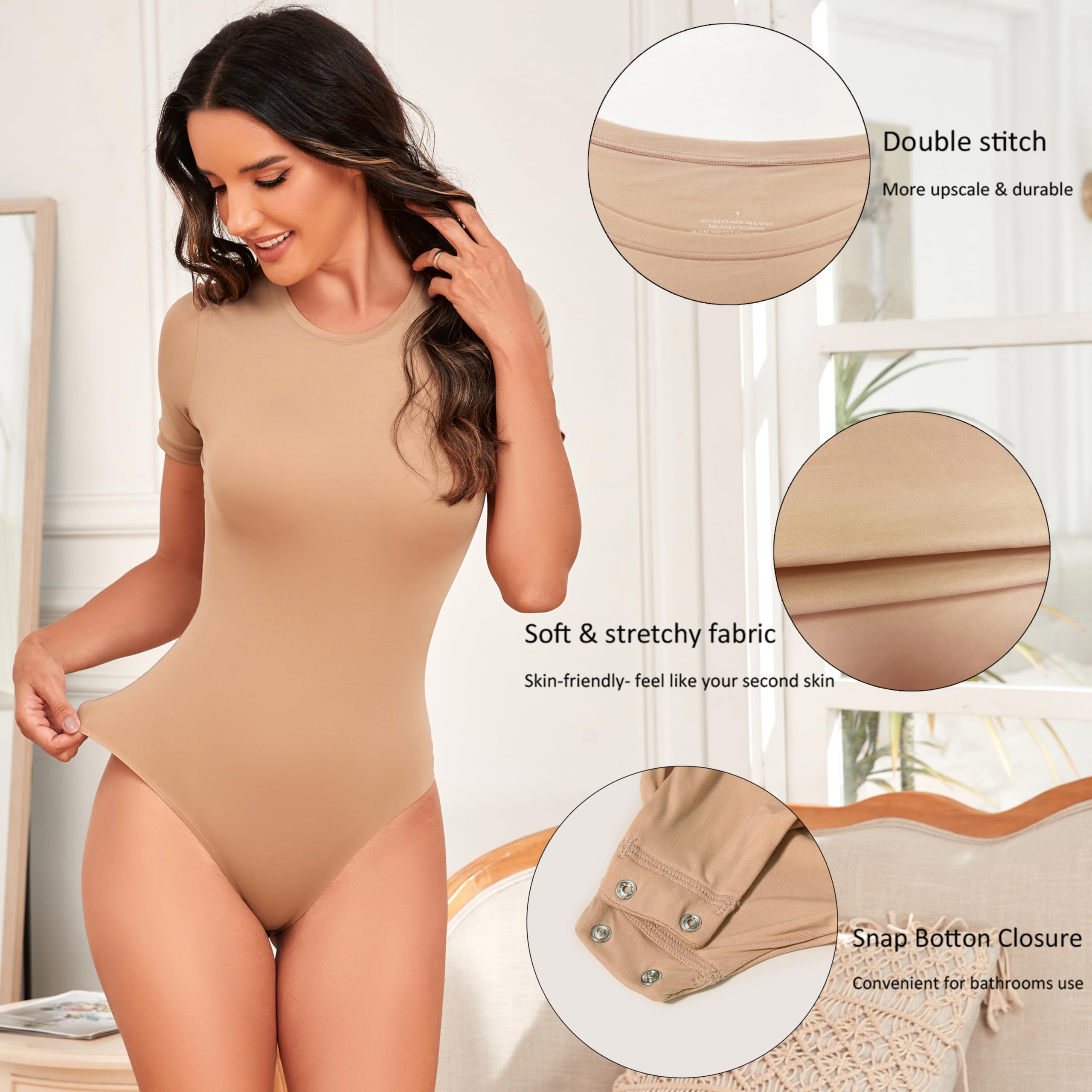 Snapklik.com : Womens Round Neck Short Sleeves Bodysuit T-Shirts Top Basic Body Suit