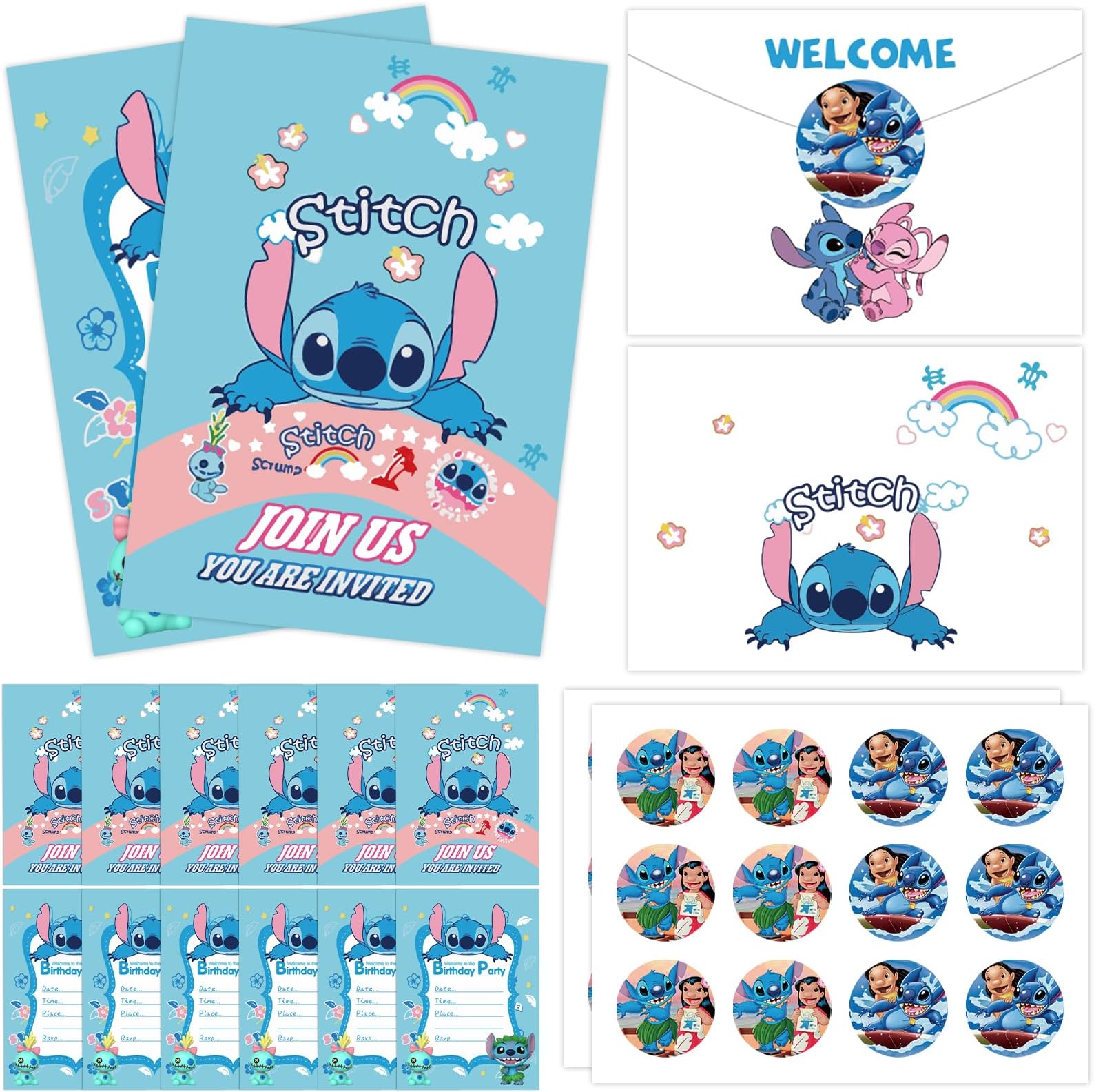 Amazon.com : OU RUI 24Pcs Pink Stitch Birthday Invitation Cards,Lilo ...