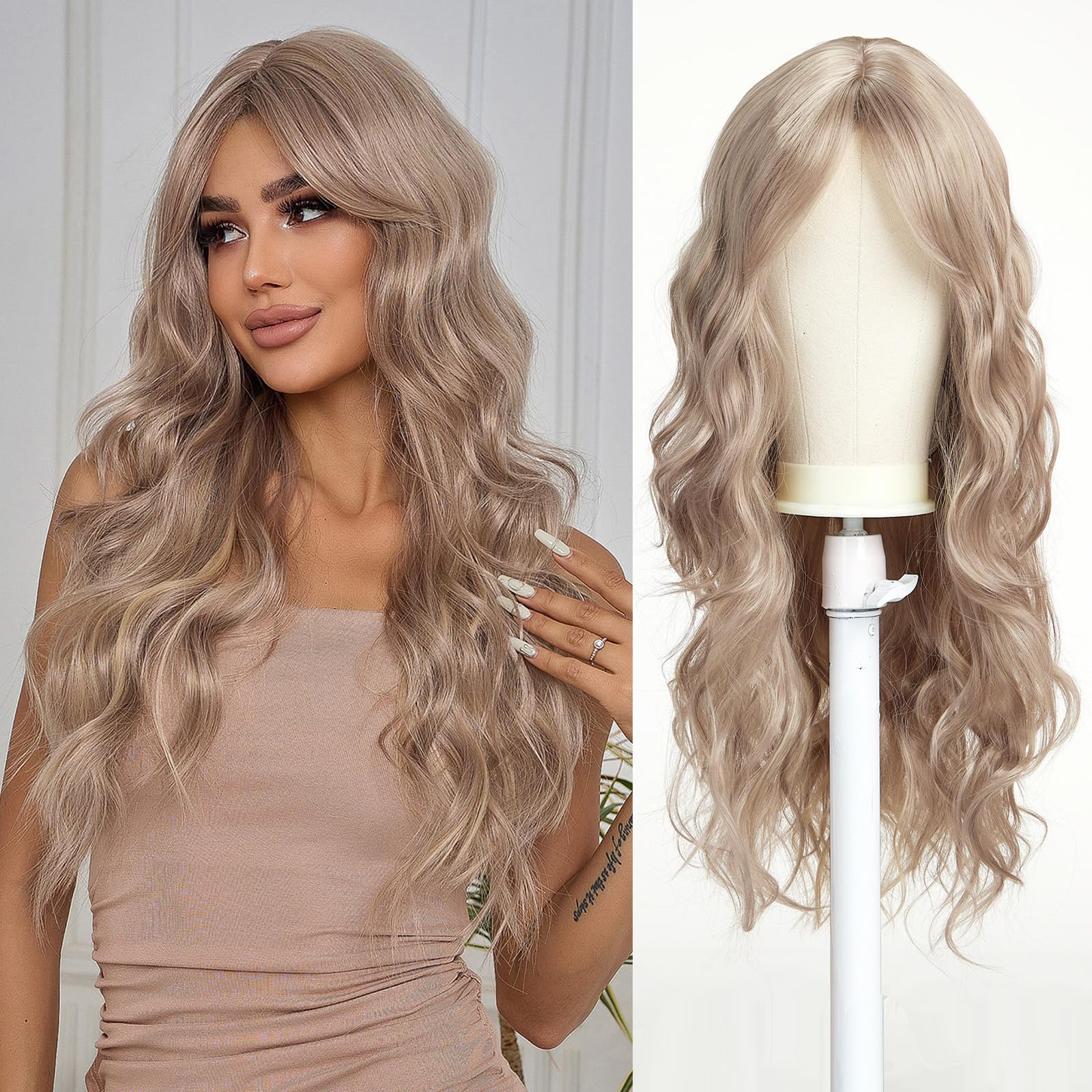 Esmee Long Wavy Ash Blonde Wigs for Women Synthetic Hair Wig with ...