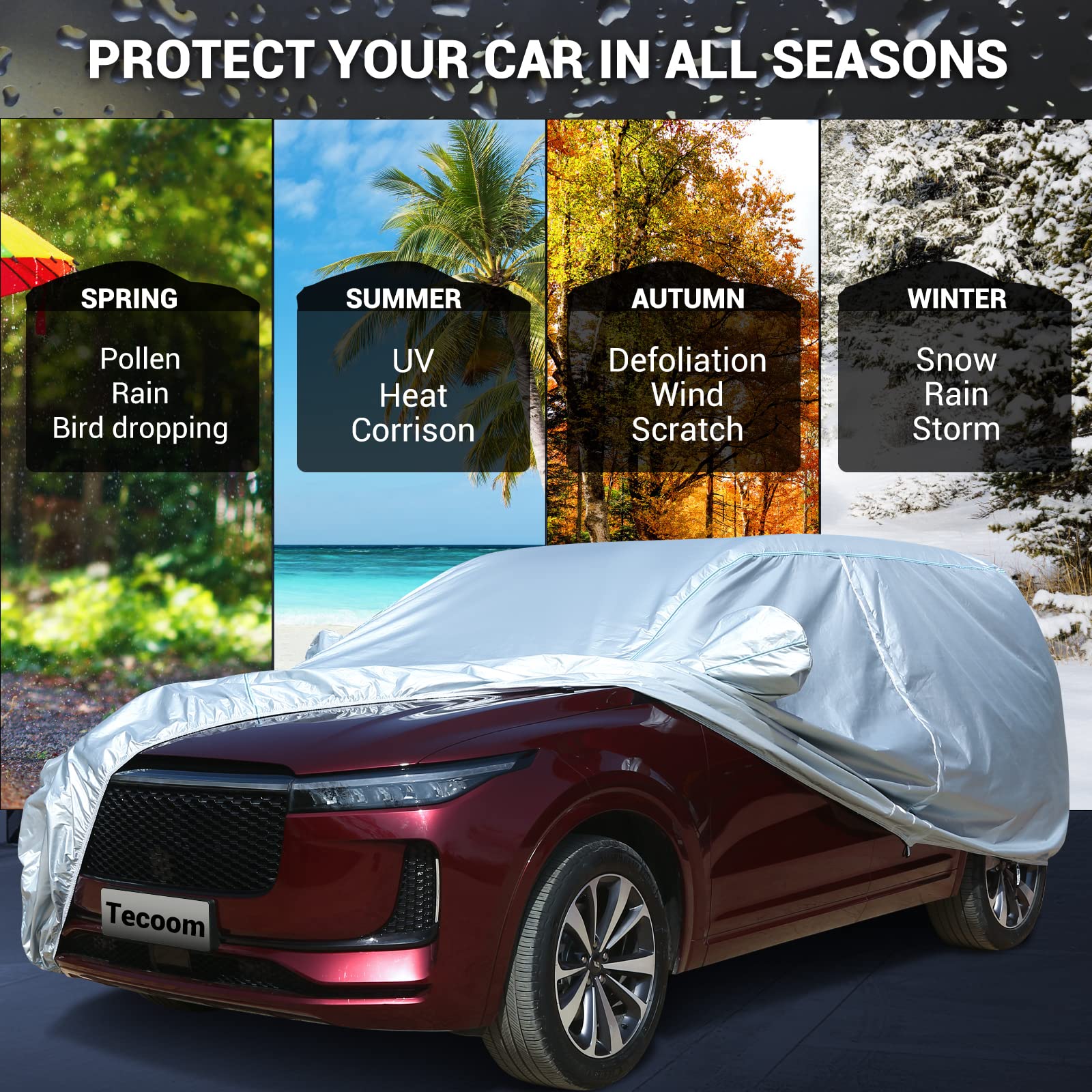 Tecoom Car Cover Waterproof All Weather, 3 Layers Soft Cotton Fleece ...