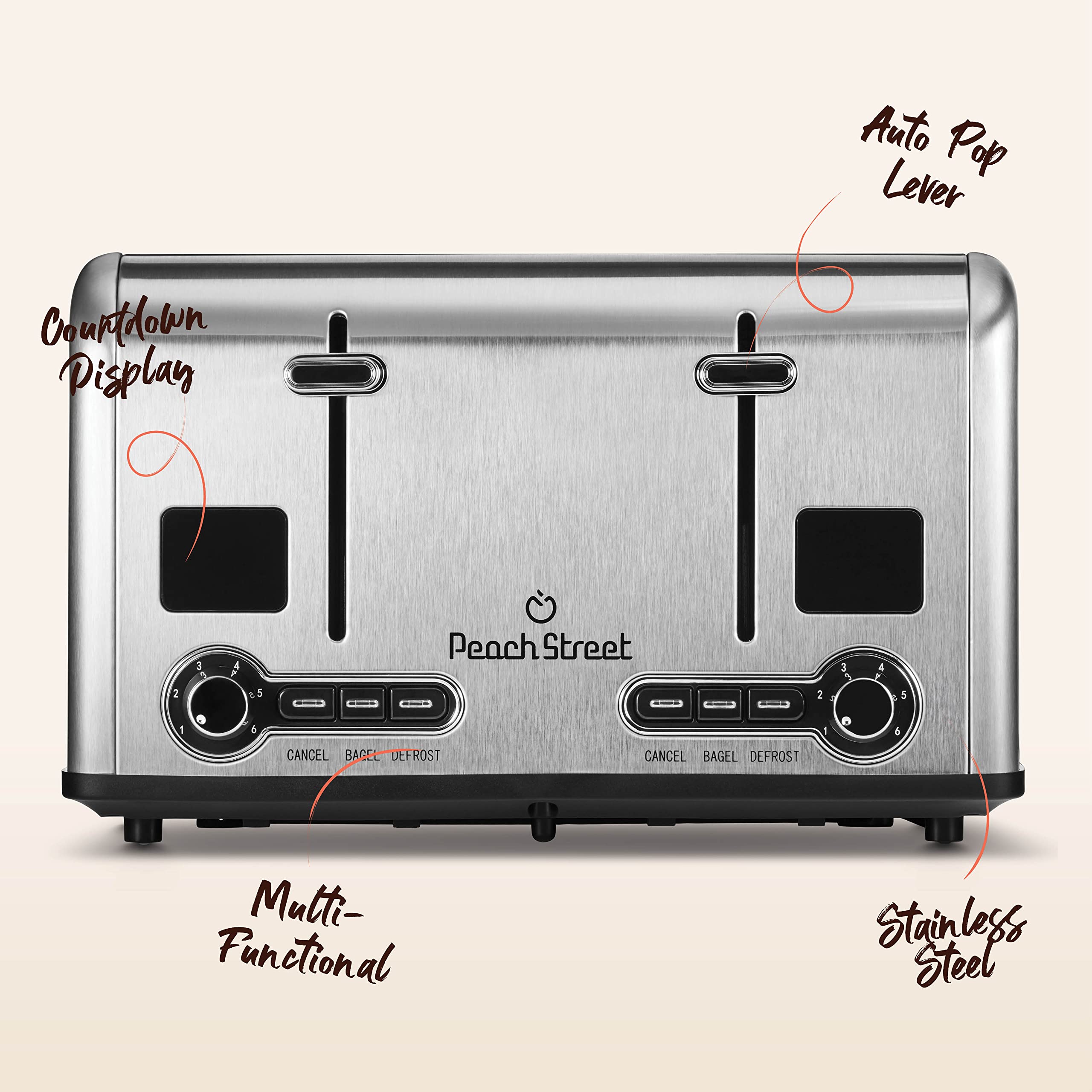 Peach Street Slice Toaster Compact Bread Toaster with Digital Countdown ...