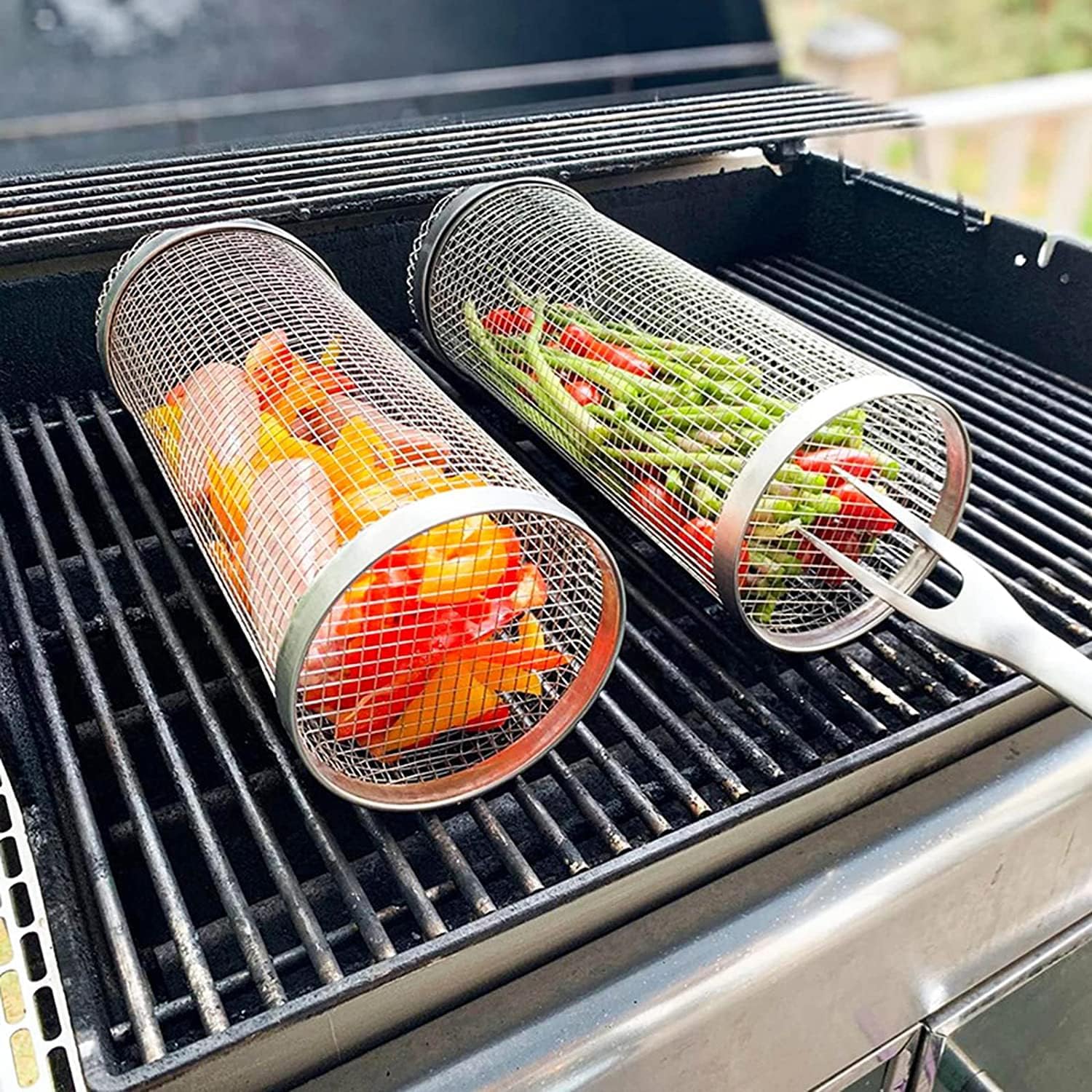 Amazon.com: Rolling Grill Basket, Stainless Steel Wire Mesh Cylinder ...