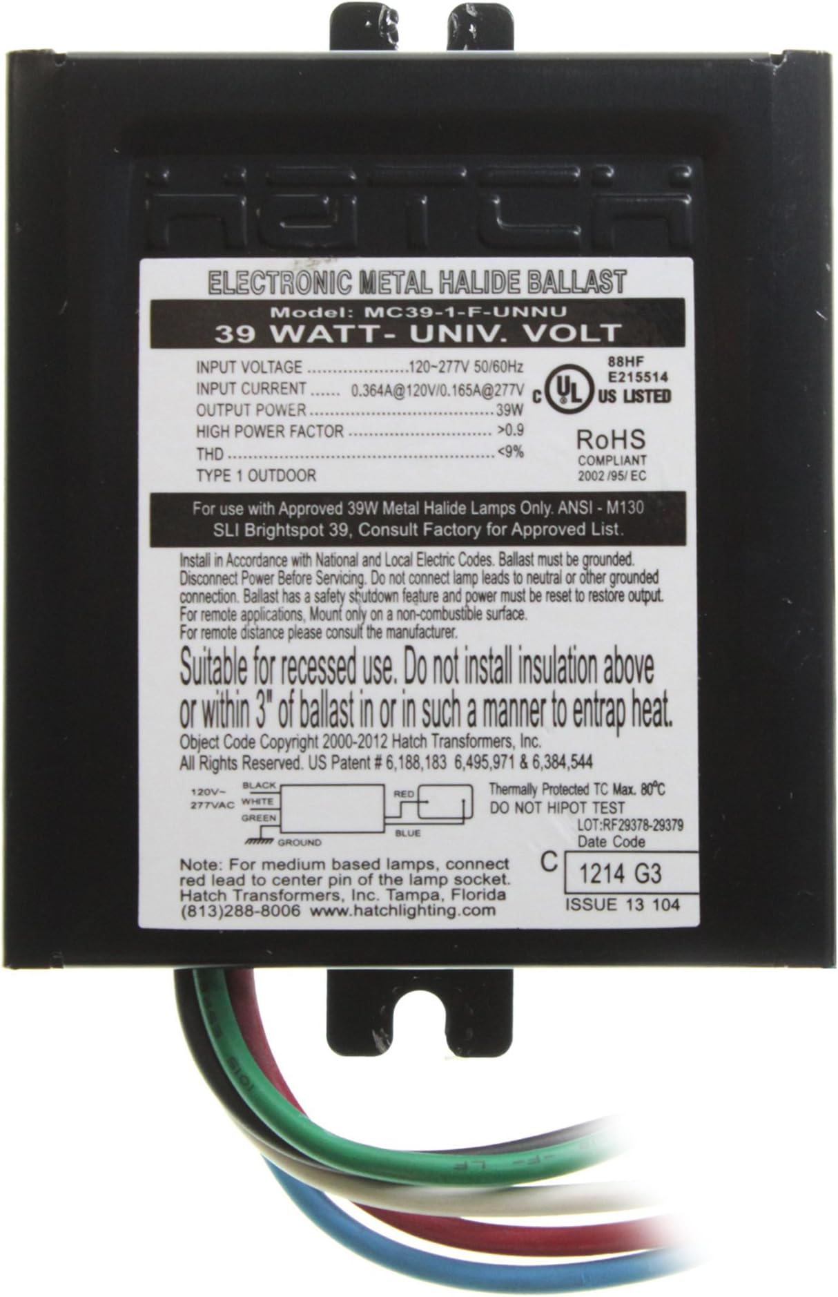Amazon.com : Hatch MC39-1-F-UNNU Electronic Metal Halide Ballast, 39 ...