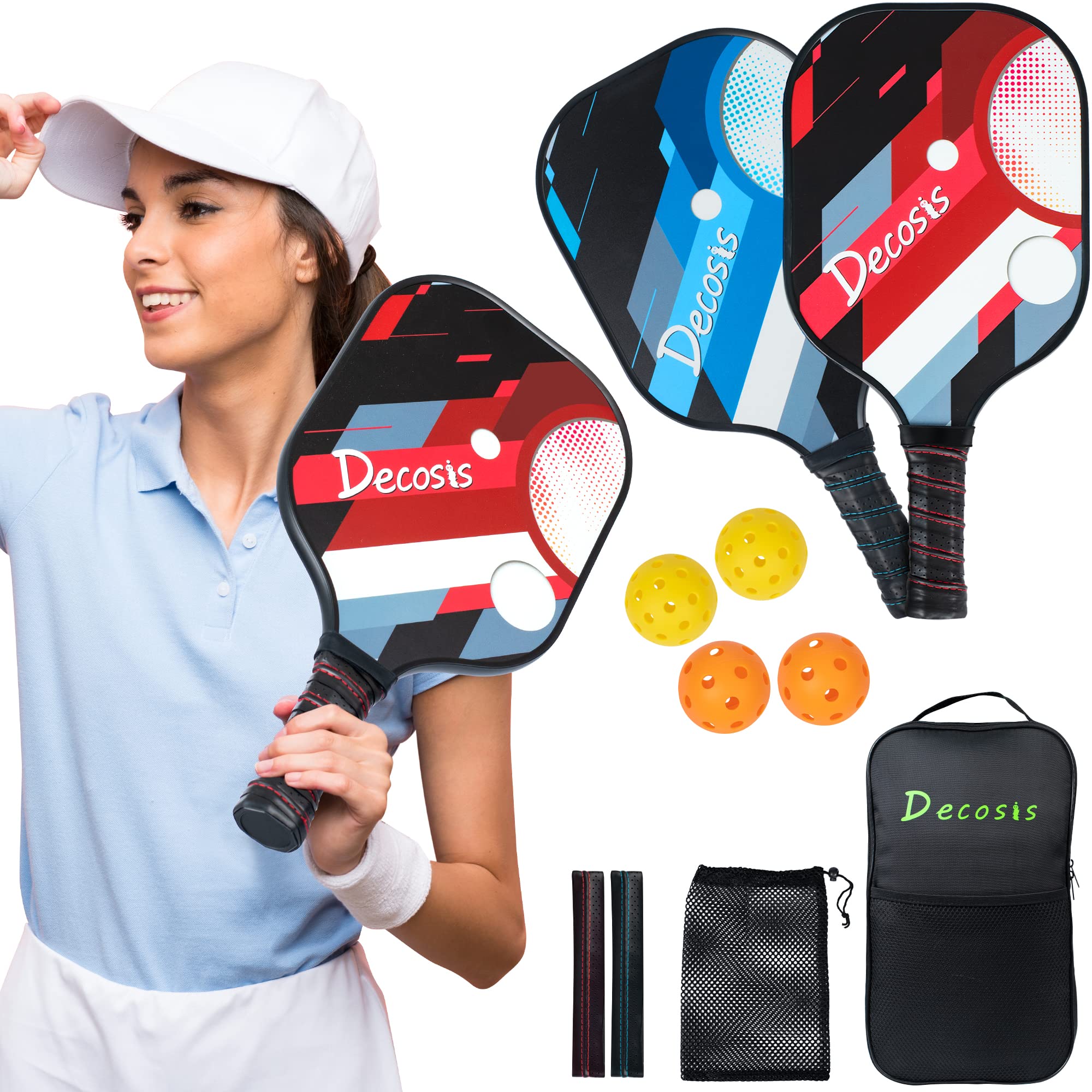 Decosis Pickleball Paddles Set of 2, Lightweight Fiberglass Surface ...