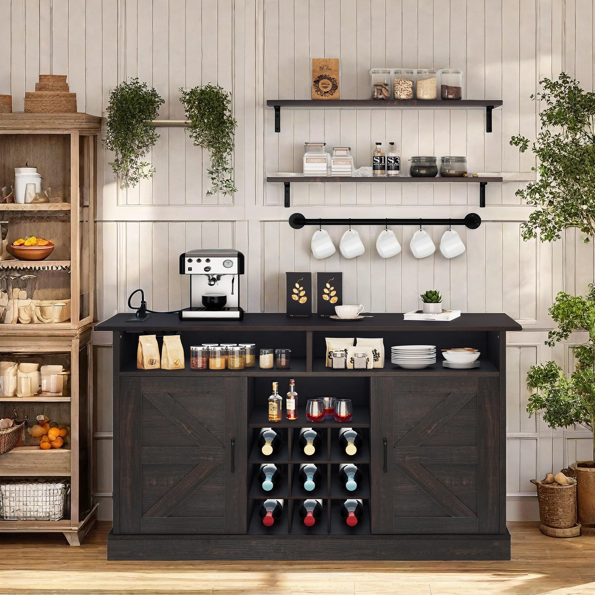 Coffee Bar Cabinet With USB Ports YITAHOME 52" Rustic Brown Buffet ...