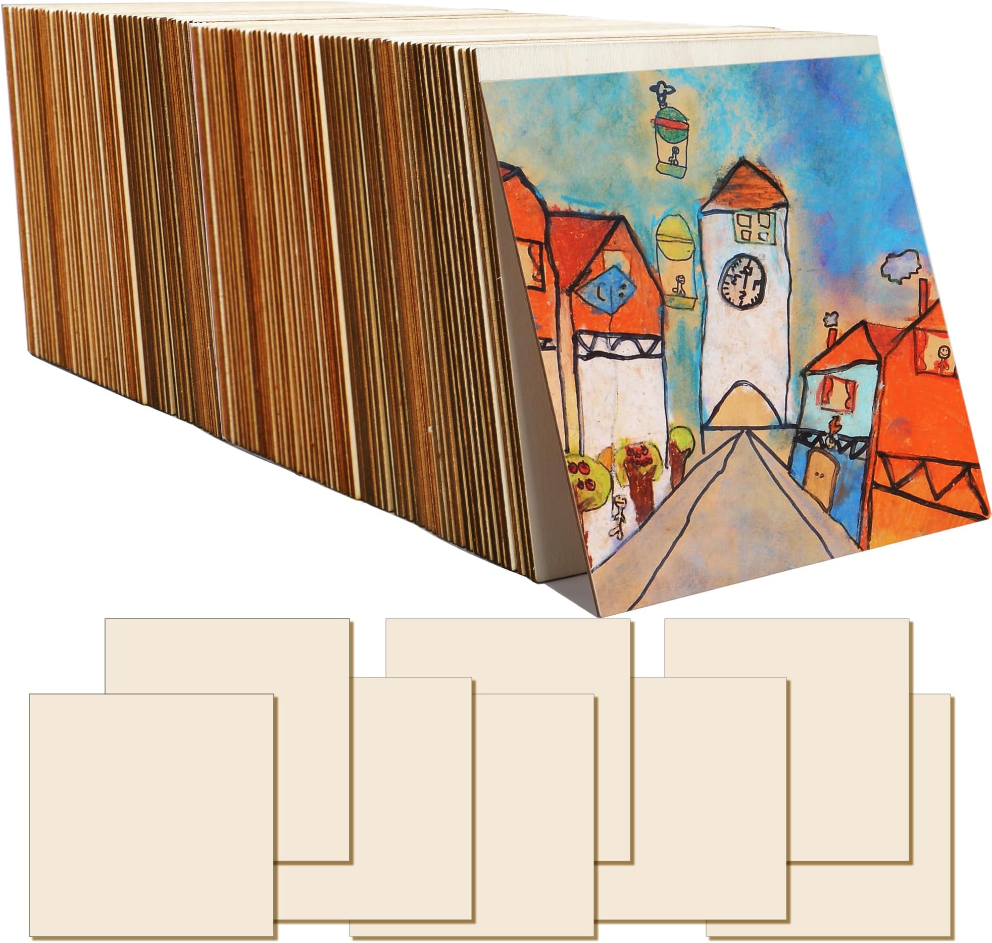 50 Pcs Unfinished Wood Pieces, 10x10cm Square Blank Wood Natural Slices ...