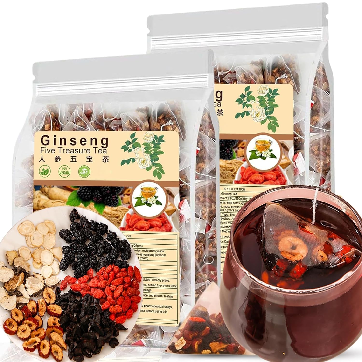 Amazon.com: Ginseng Five Treasures Tea - Kidney Tea Wubao Herbal ...