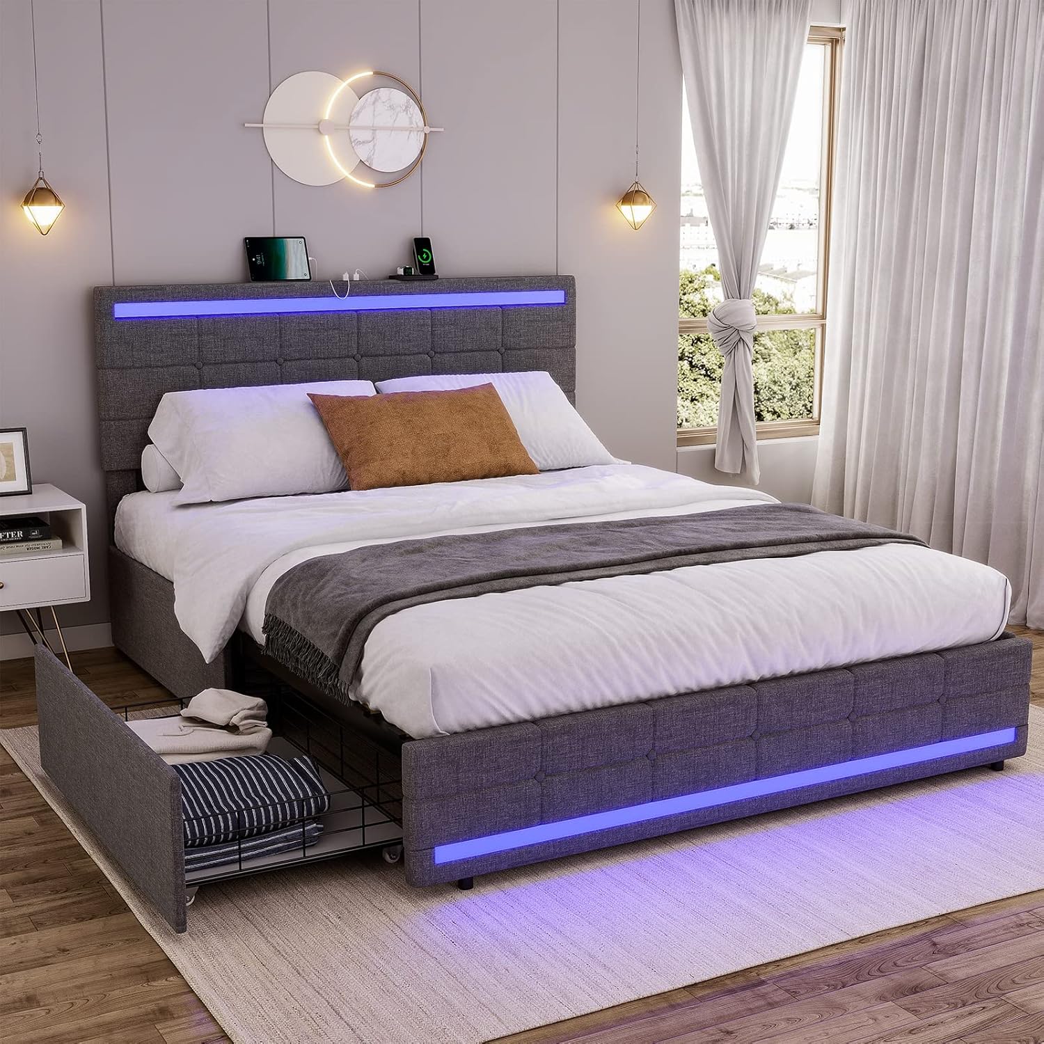 Amazon.com: ADORNEVE Base de cama LED Queen con 4 cajones y 2 ...