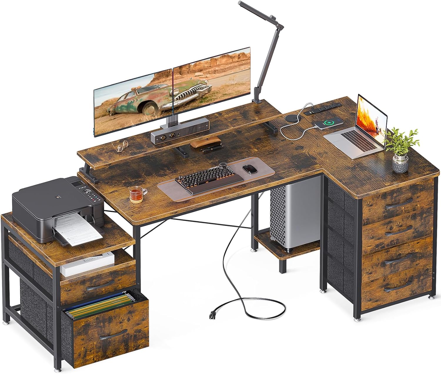 Amazon.com: KKL L Shaped Computer Desk with File Drawers & 3 Power ...