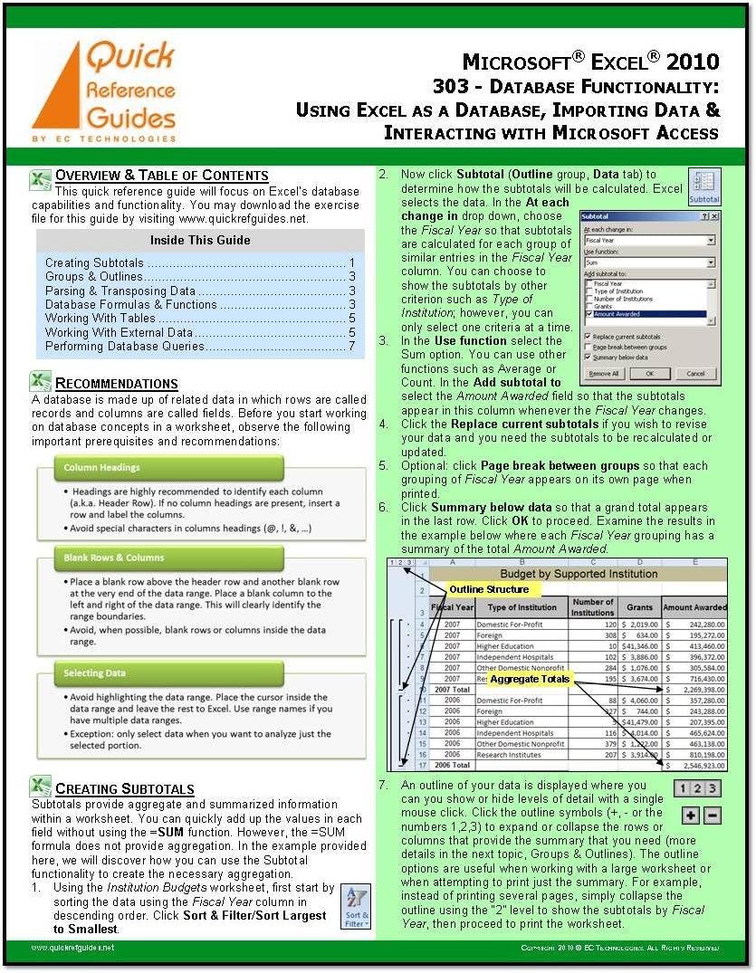 Amazon.com : Microsoft EXCEL 2010 Quick Reference Guide - Database ...