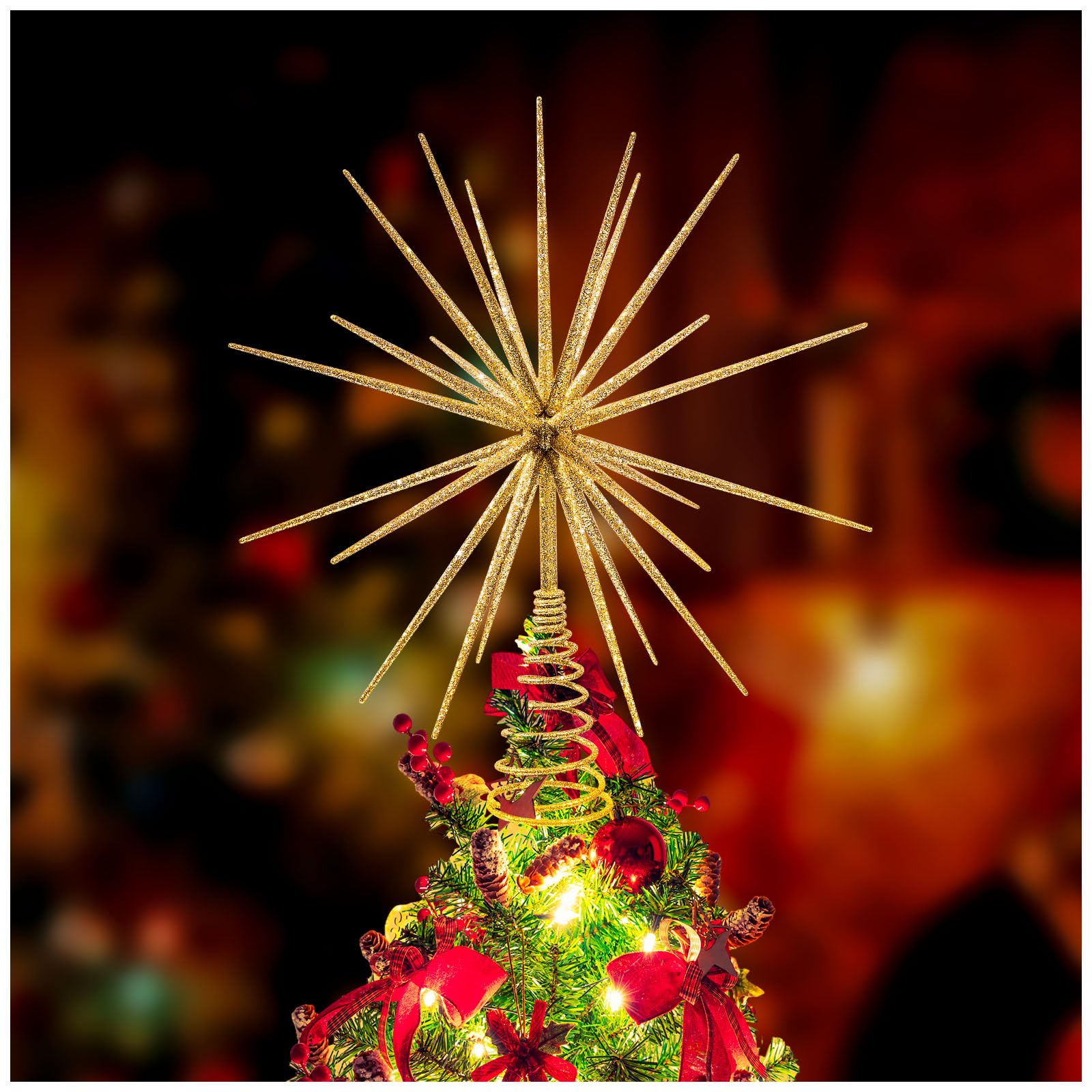 13.7 Inch Gold Christmas Tree Topper - 3D Burst Silver Tree Topper ...