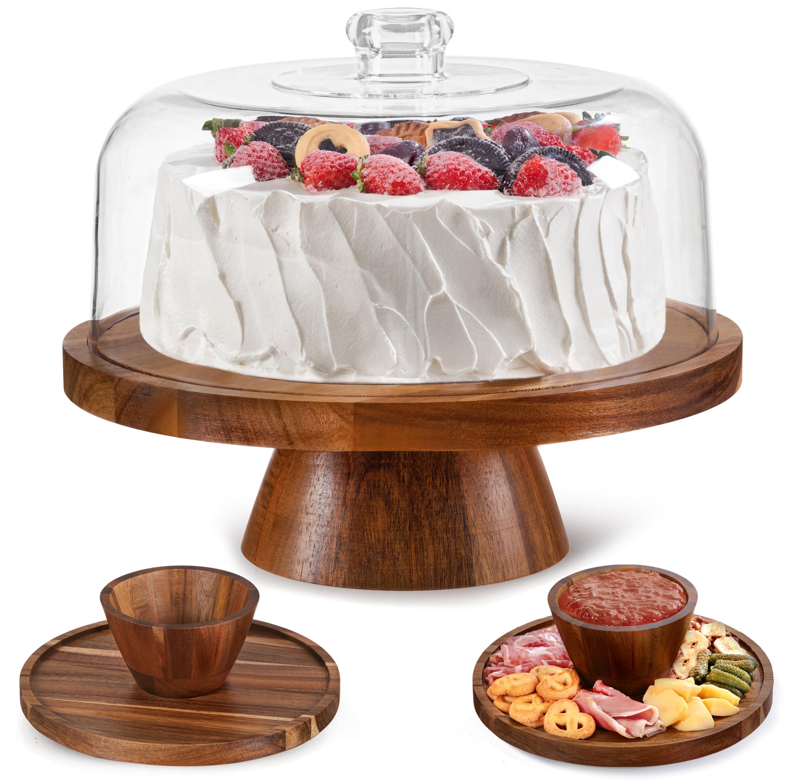 Amazon.com: Farmyards Acacia Wood Cake Display Stand with Acrylic Dome ...