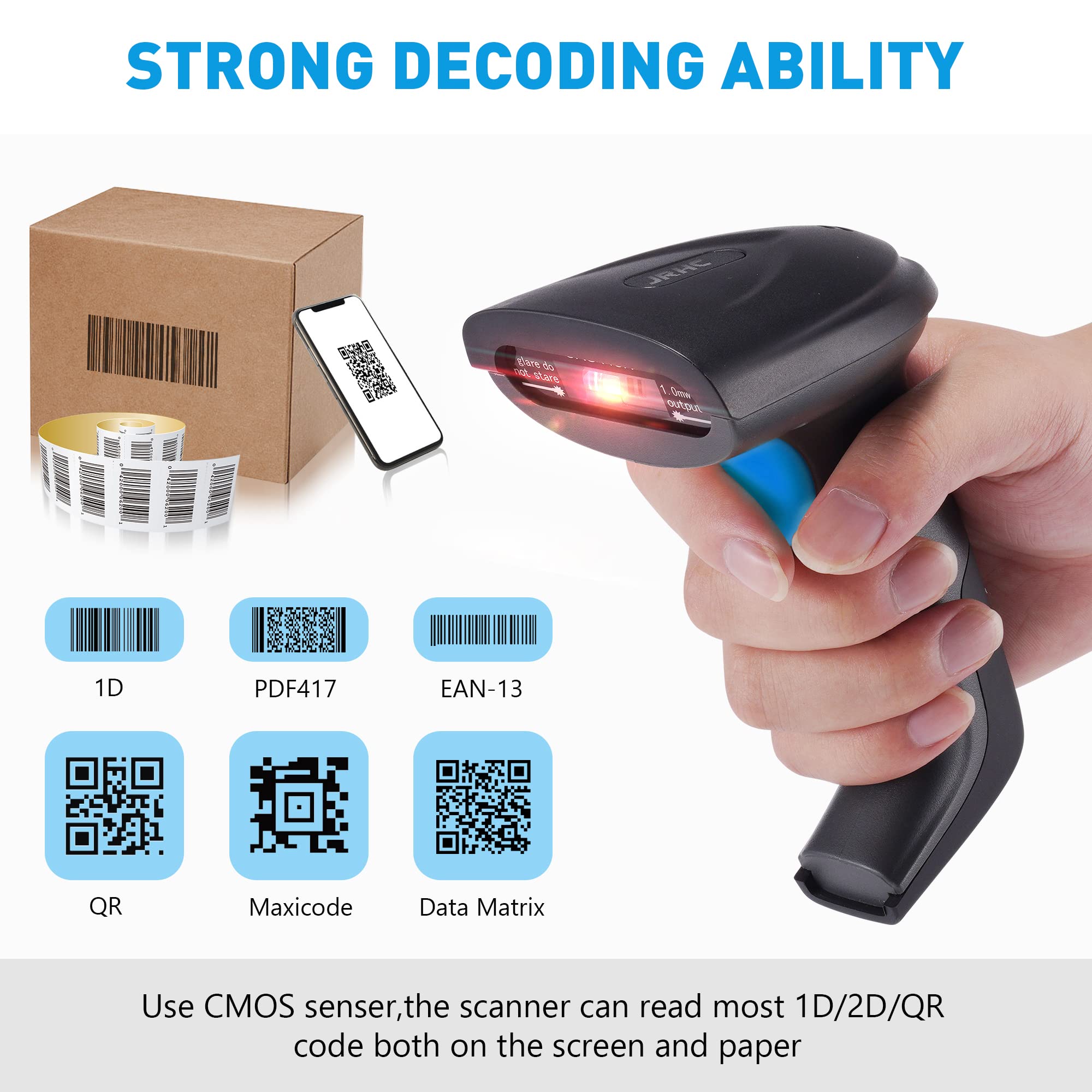 Snapklik.com : 1D 2D Barcode Scanner,JRHC Portable Automatic QR Code ...